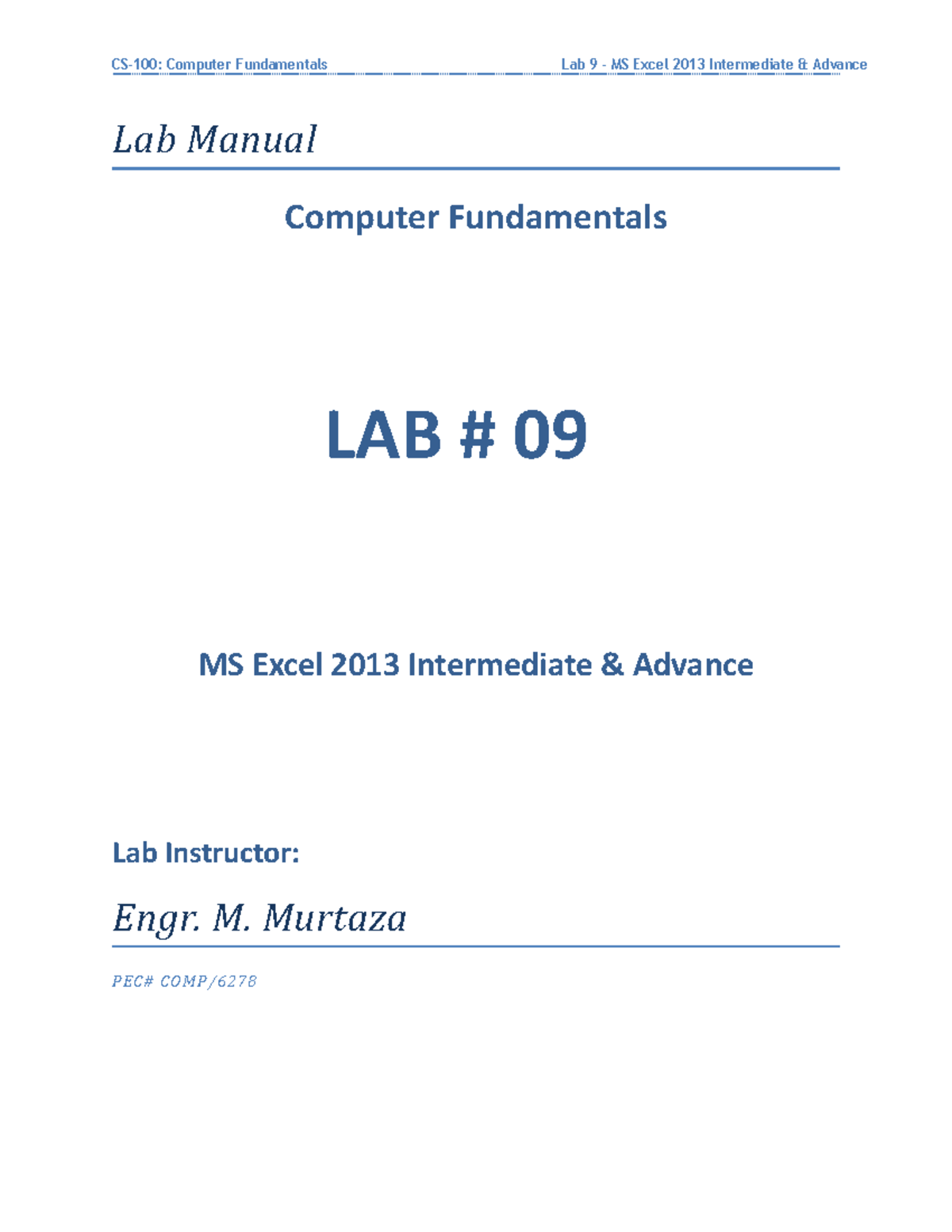 Lab 9 - MS Excel 2013 Intermediate & Advance - Lab Manual Computer ...