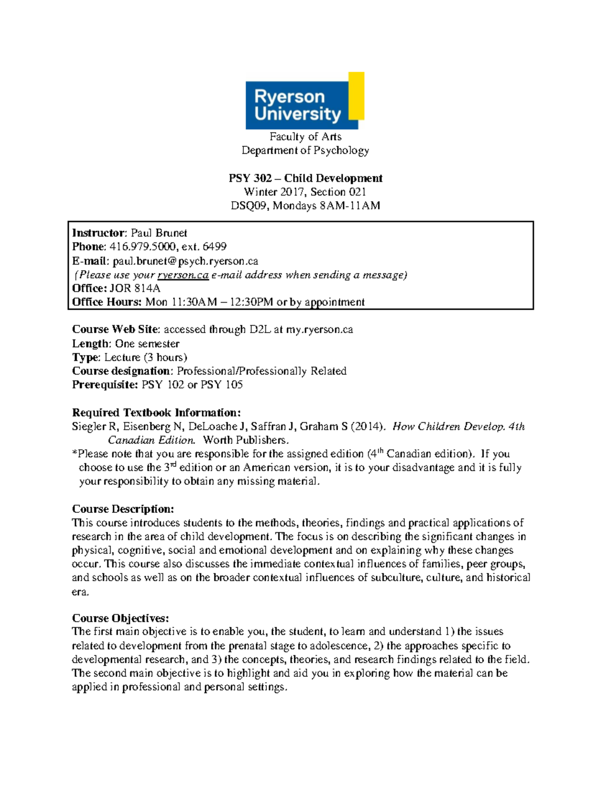 PSY302 - syllabus - Faculty of Arts Department of Psychology PSY 302 ...