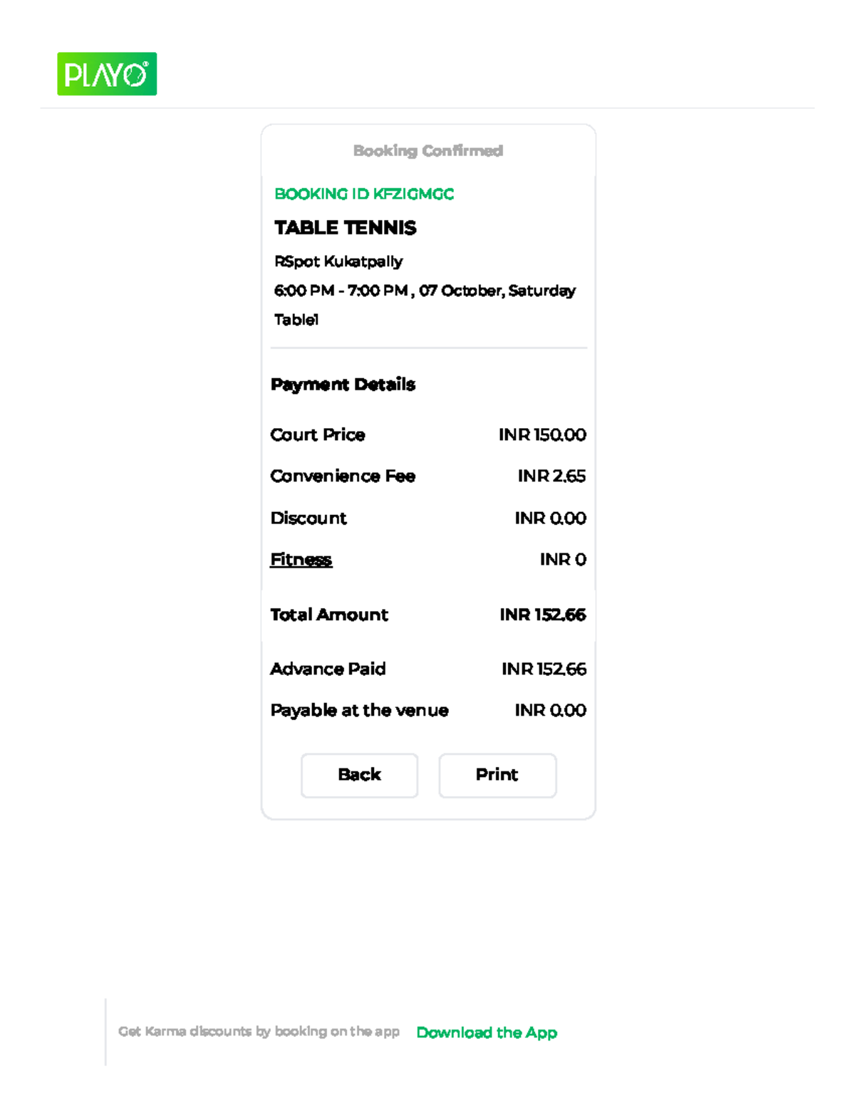 Playo - Booking Conrmed BOOKING ID KFZIGMGC TABLE TENNIS RSpot ...