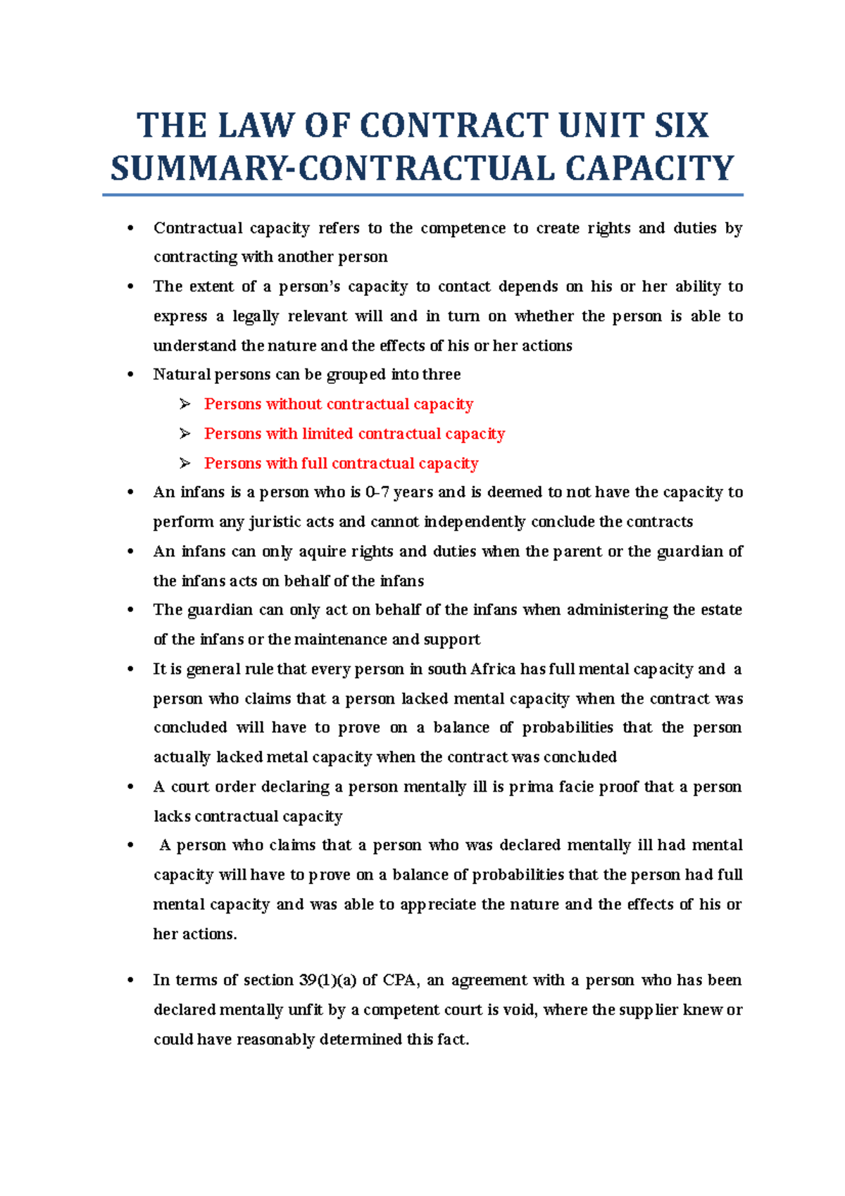 UNIT FOUR Contract Summary - THE LAW OF CONTRACT UNIT SIX SUMMARY ...