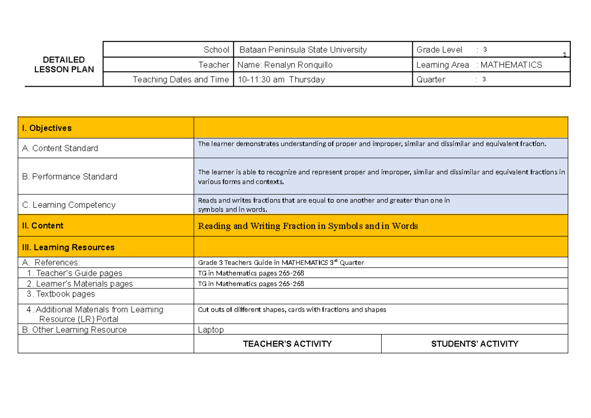 DLP-renalyn - Dlp - I. Objectives A. Content Standard The learner ...