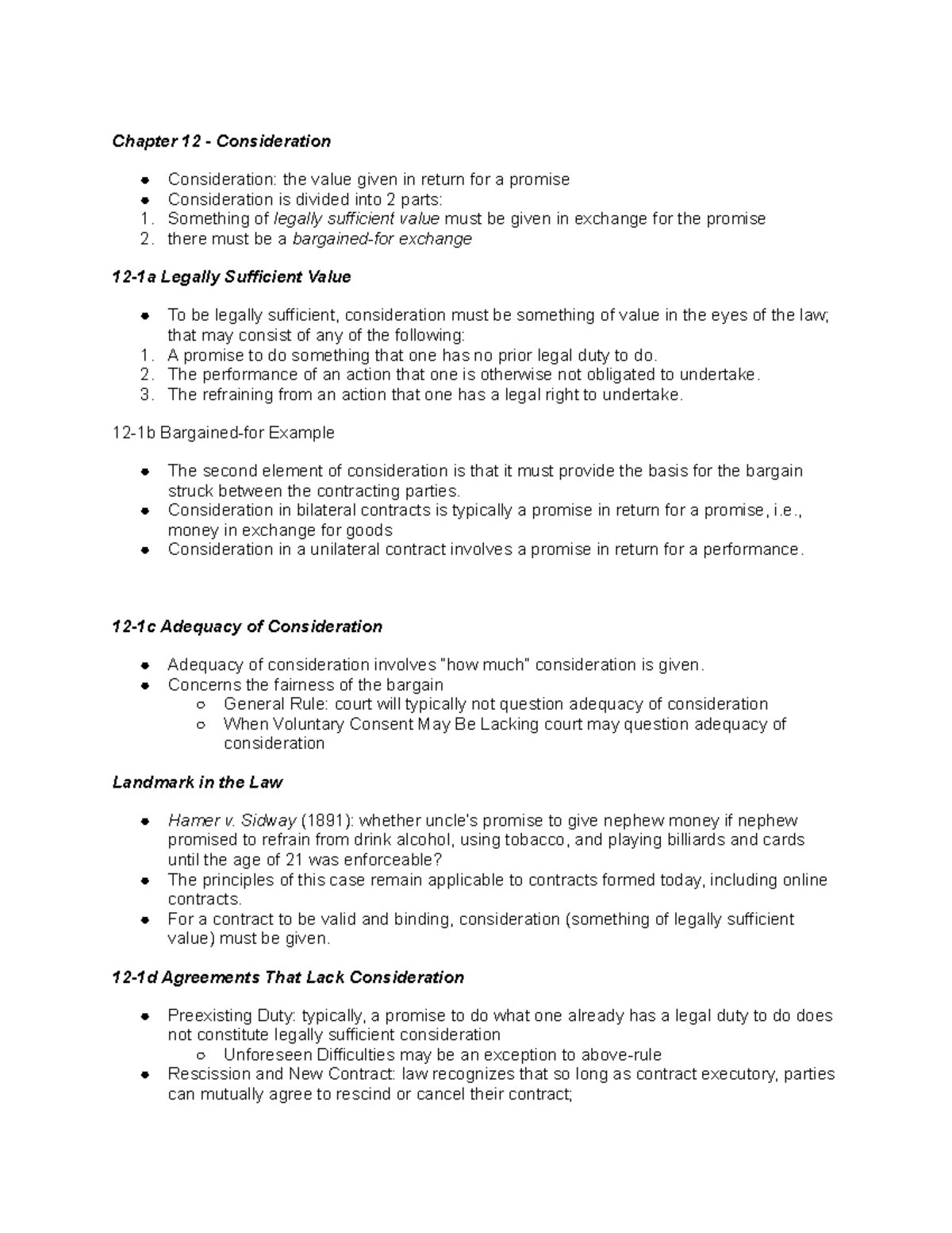 Chapter 12 - Consideration - Chapter 12 - Consideration Consideration: the value given in return ...