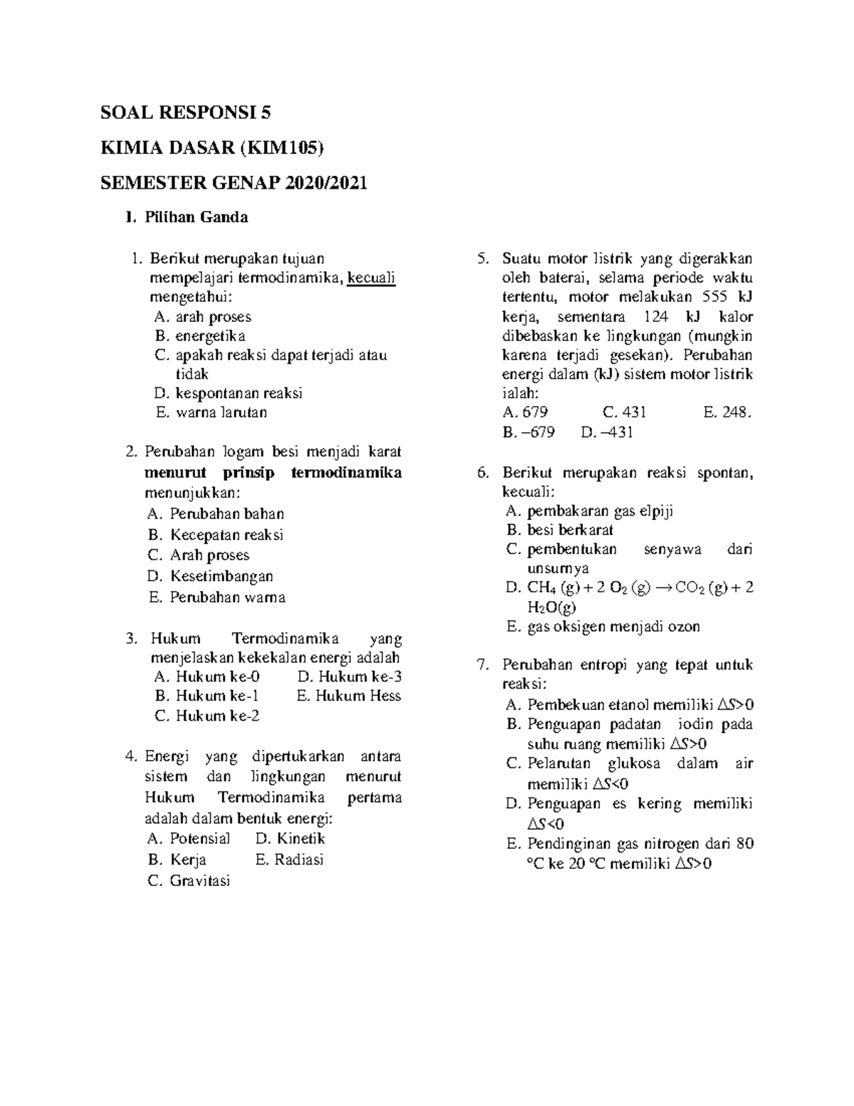 Soal Responsi 5 Kimia Dasar - SOAL RESPONSI 5 KIMIA DASAR (KIM105) SEMESTER GENAP 2020/ I ...