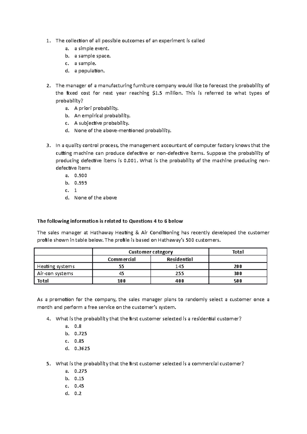 MCQ probability questions - The collection of all possible outcomes of ...