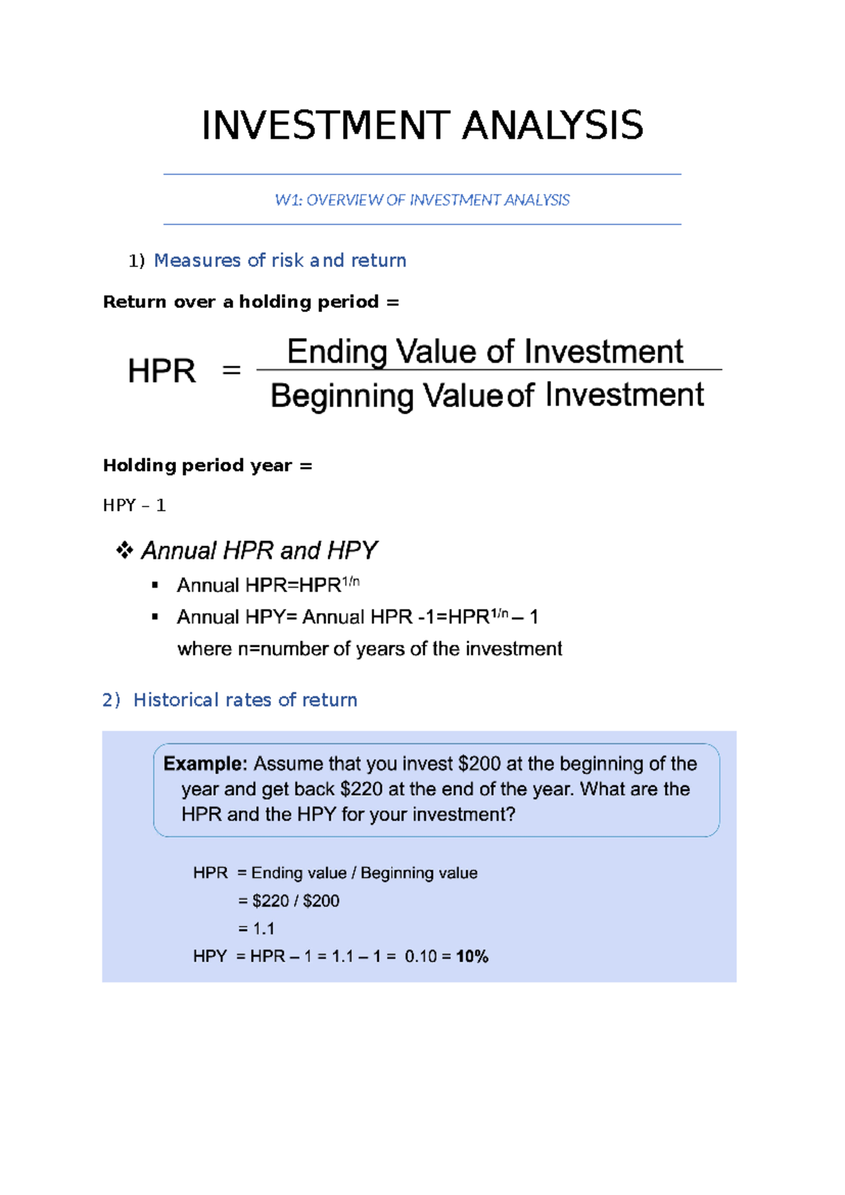 Investment Analysis Notes - INVESTMENT ANALYSIS W1: OVERVIEW OF ...