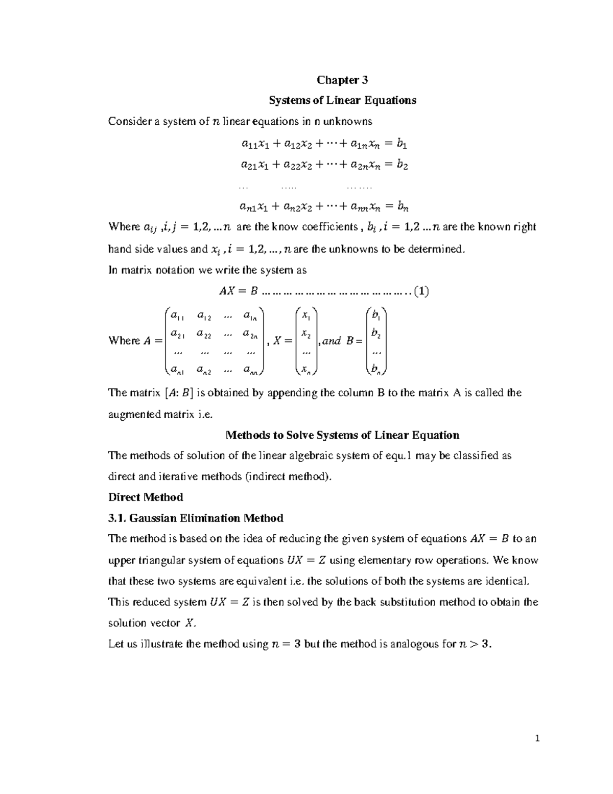 Chapte 3 numerical method note - Chapter 3 Systems of Linear Equations ...