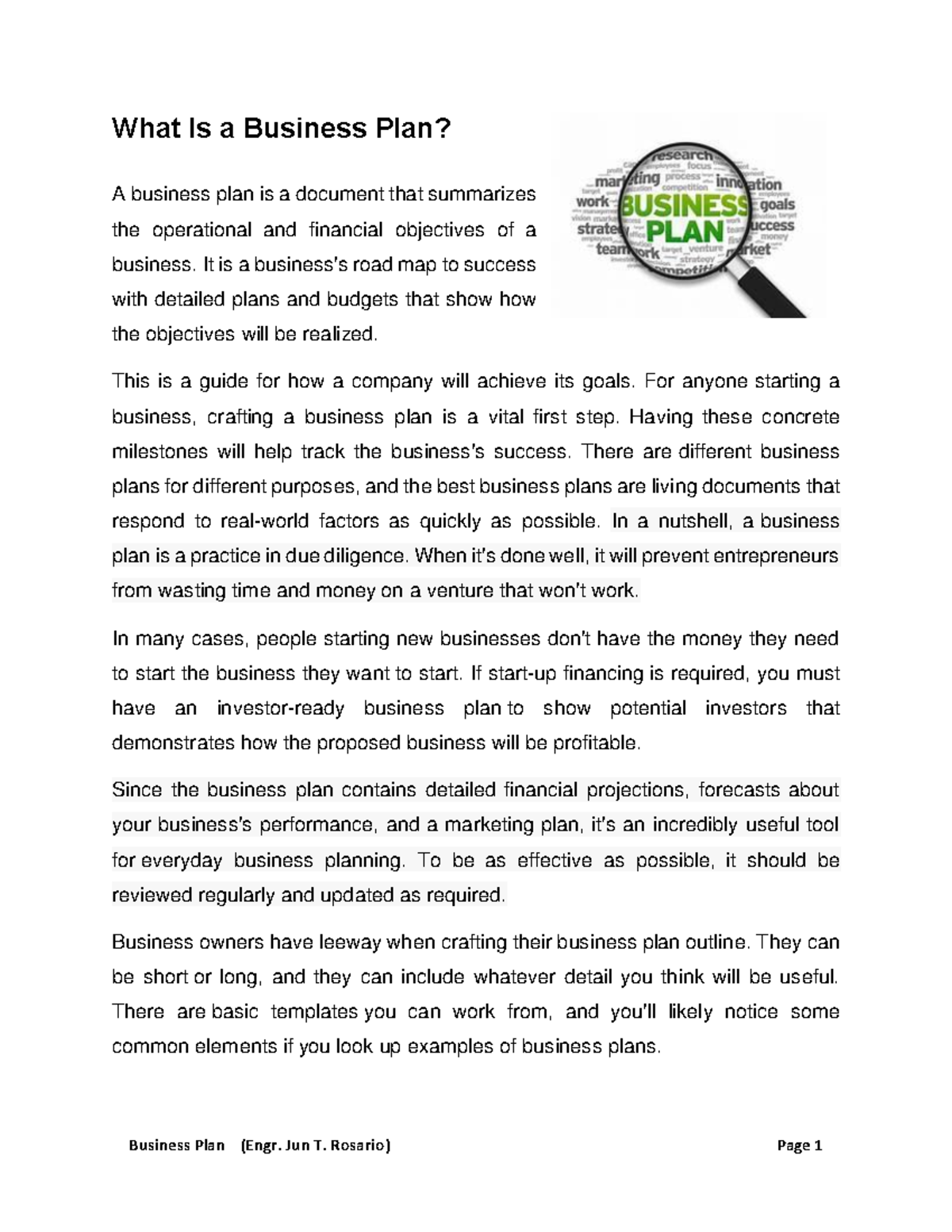 Business PLAN Lecture Notes 1 What Is A Business Plan A Business