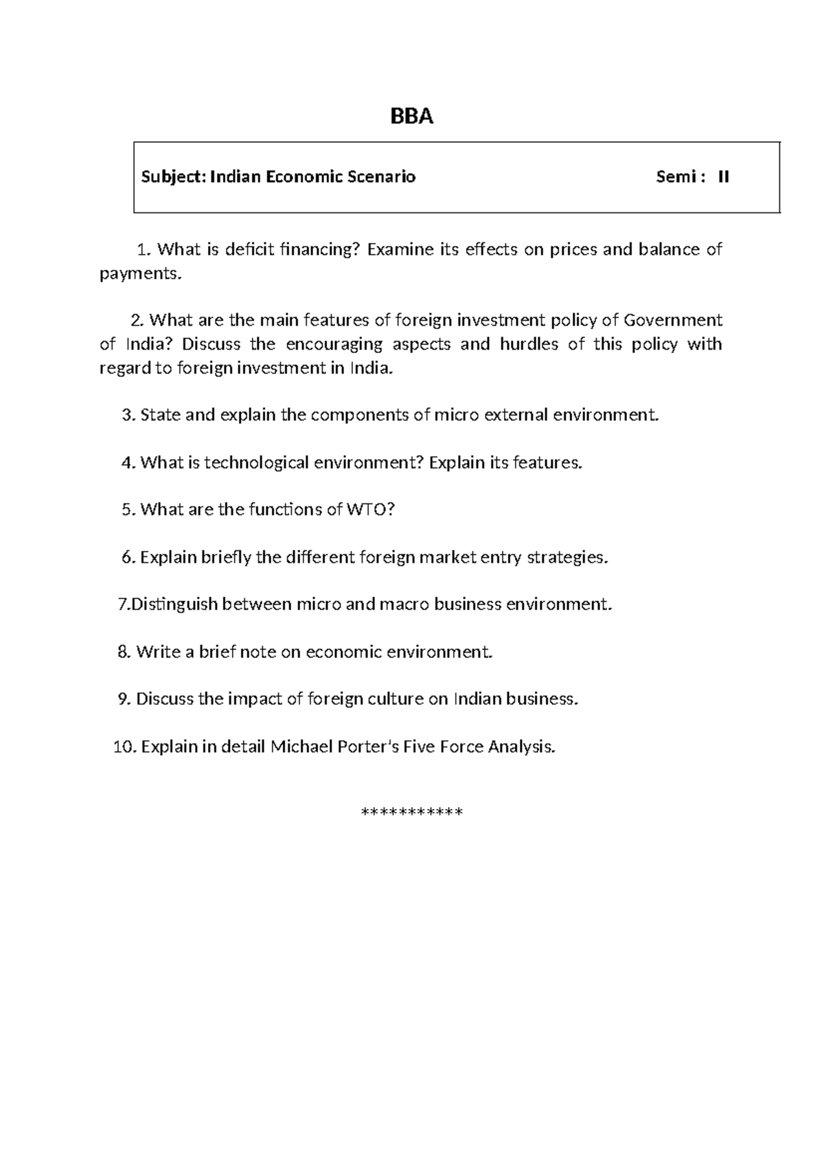 BBA 204 Indian Economic Scenario - BBA Subject: Indian Economic Scenario Semi : II 1. What is ...