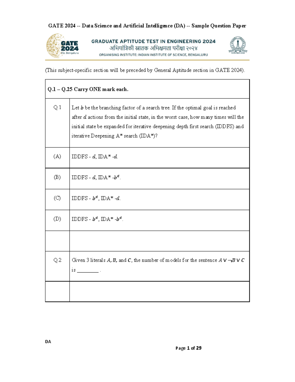 GATE2024DASample Question Paper Final - DA (This subject-specific ...