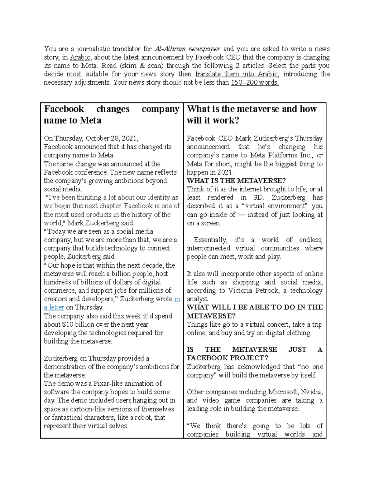 Metaverse - writing a translation from 2 compiled articles - You are a ...