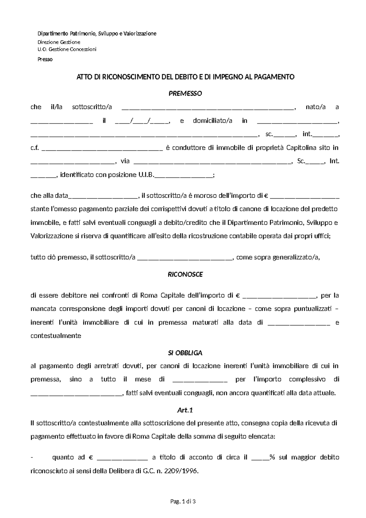 Bozza lettera di riconoscimento del debito - Dipartimento Patrimonio ...