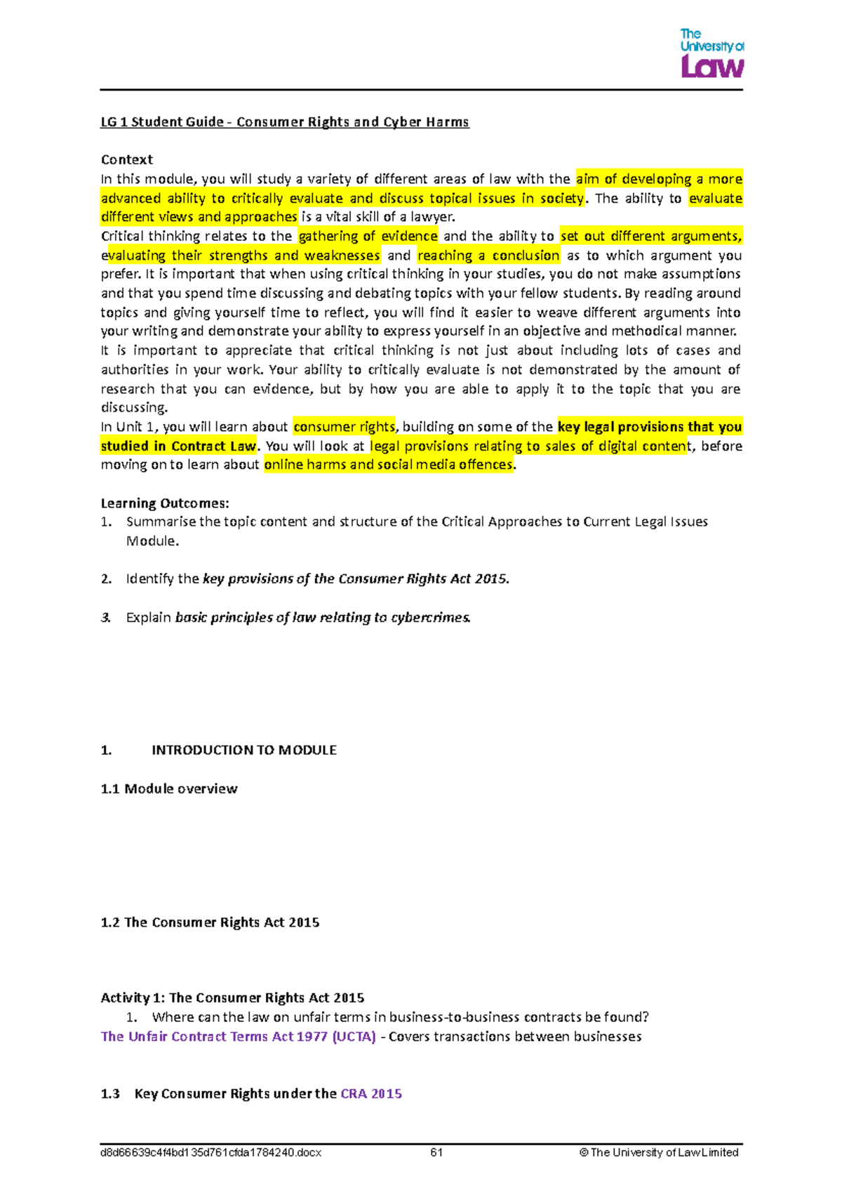 LG 1 - Student Guide - Unit 1 - Consumer rights and cyber laws - LG 1 ...