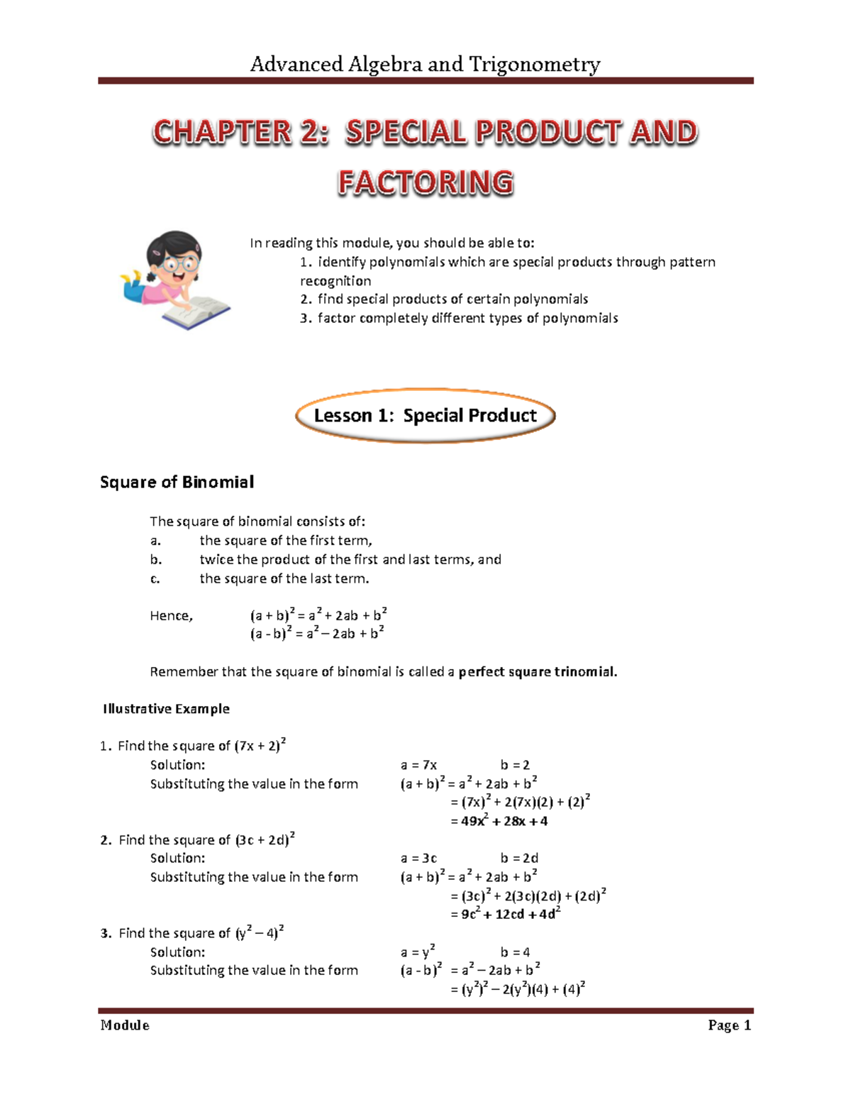 Chapter 2 - Special Product and Factoring - In reading this module, you ...