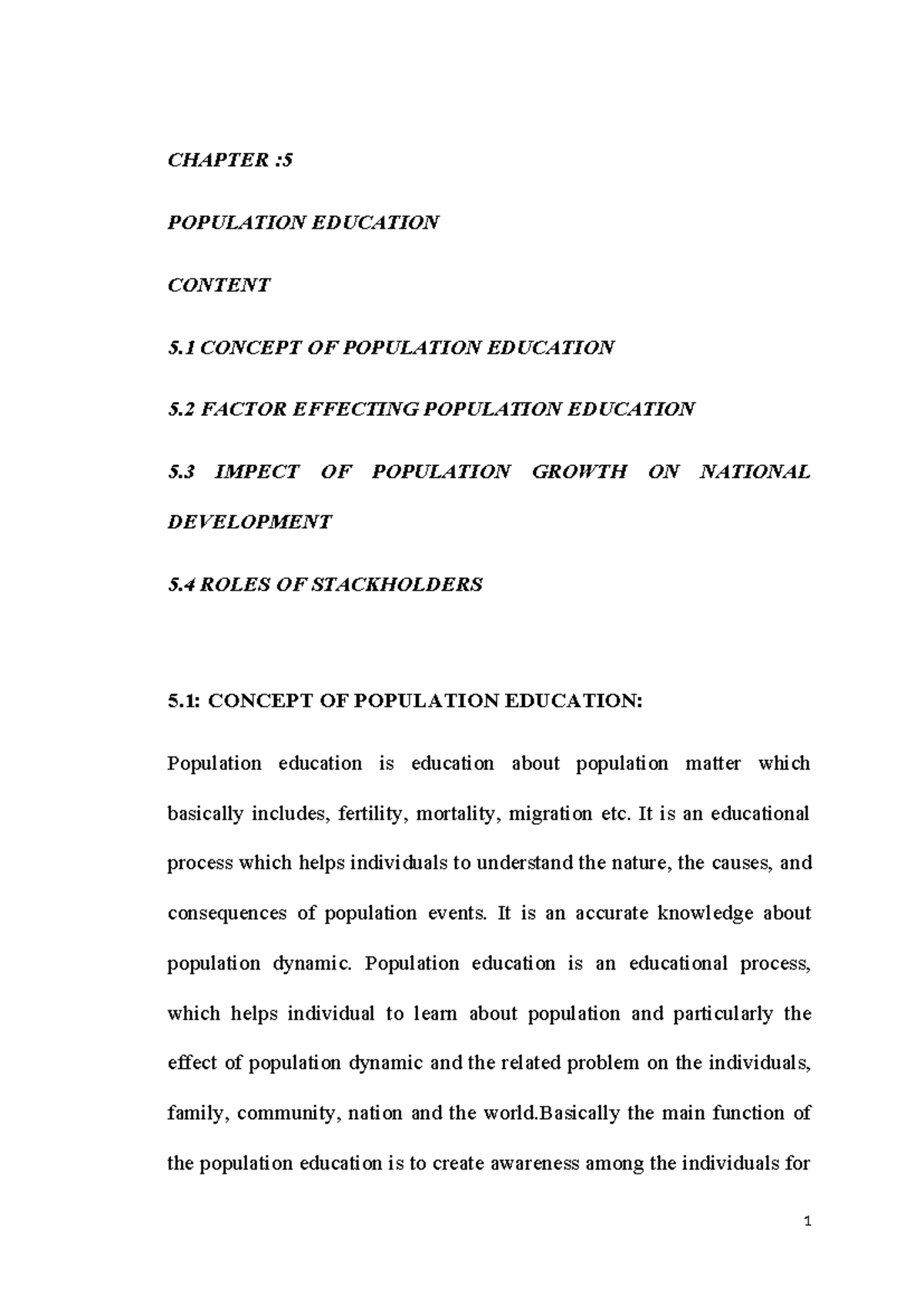 Chap 5 - Use it - CHAPTER : POPULATION EDUCATION CONTENT 5 CONCEPT OF ...