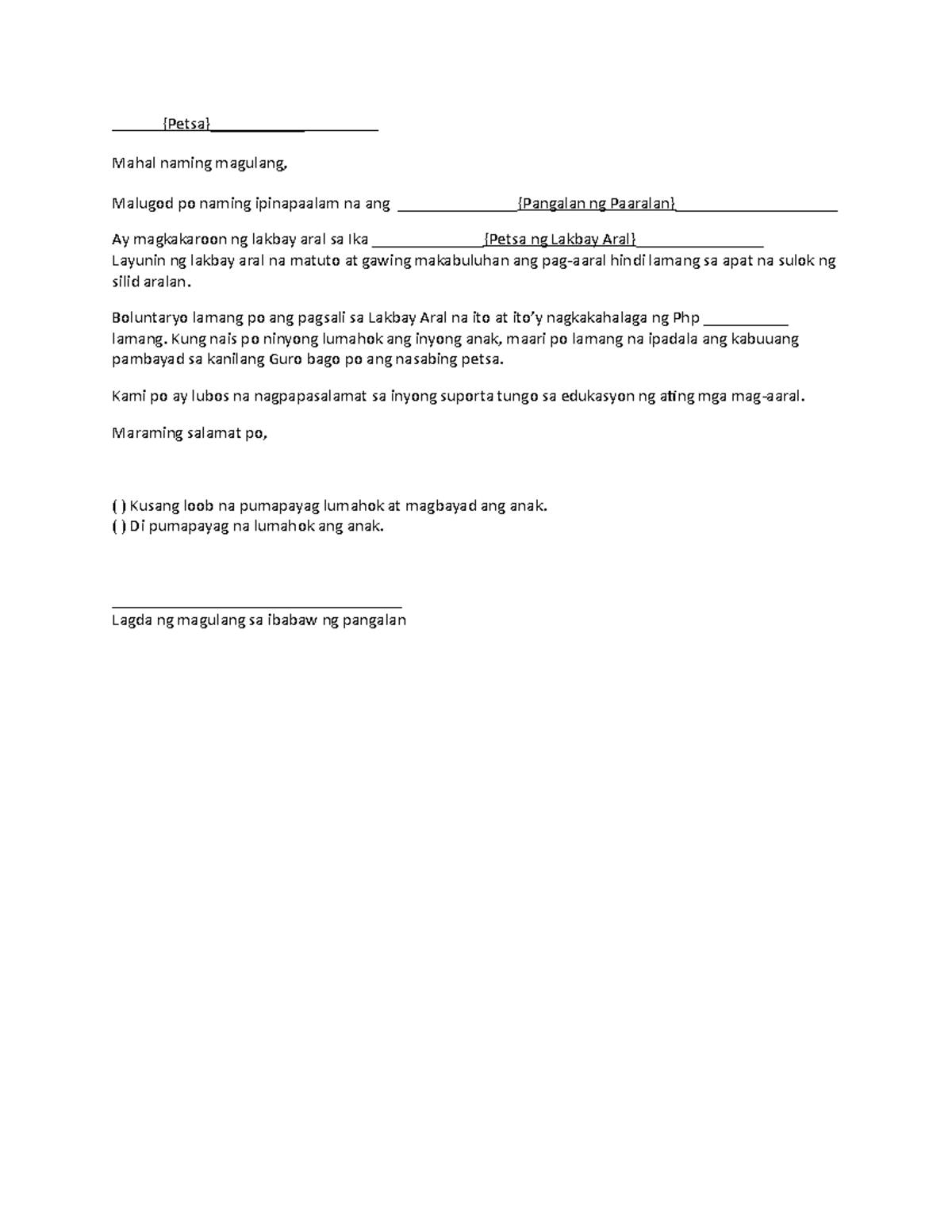 Parent Consent Fieldtrip Tagalog Petsa Mahal Naming