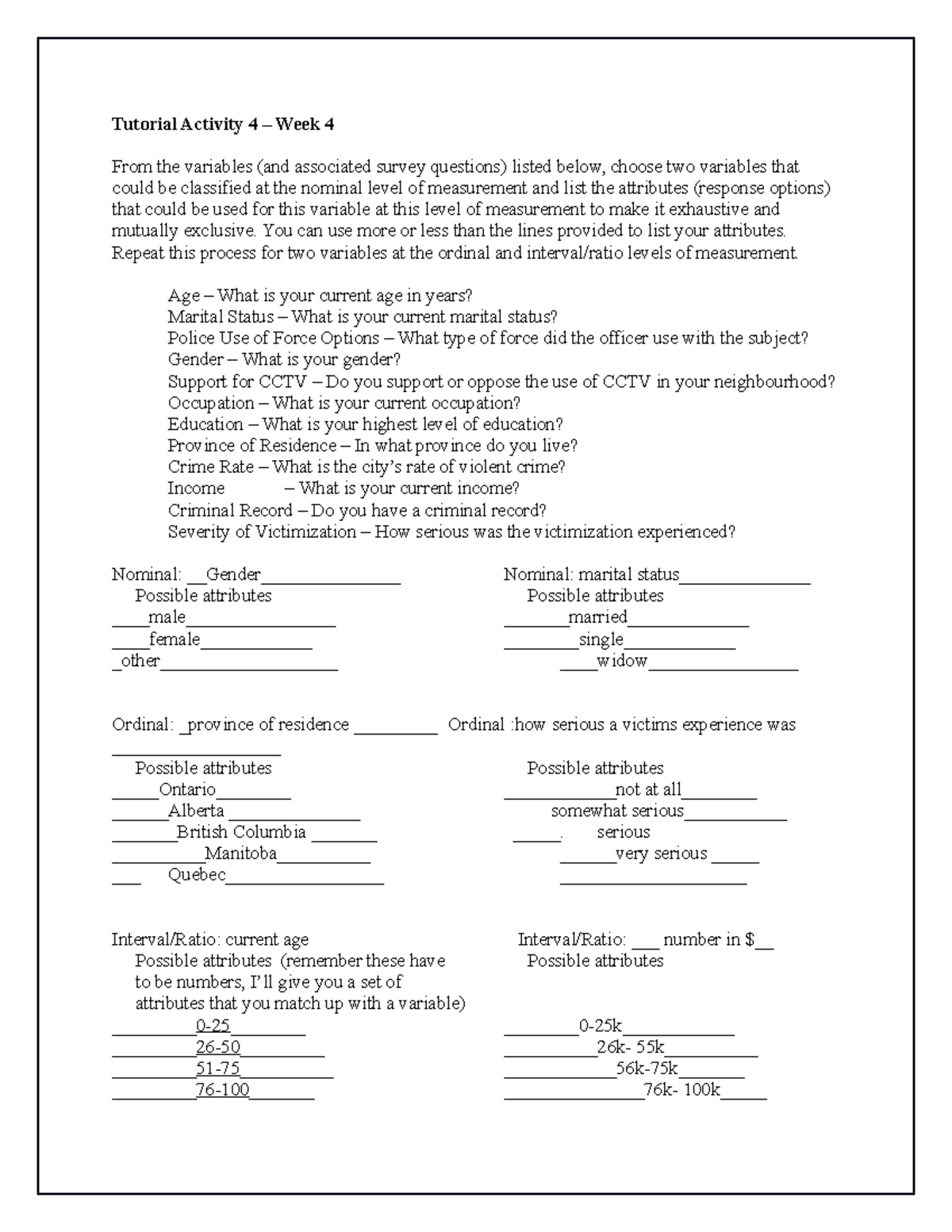 Tutorial Assignment 4 worksheet - Tutorial Activity 4 – Week 4 From the variables (and ...