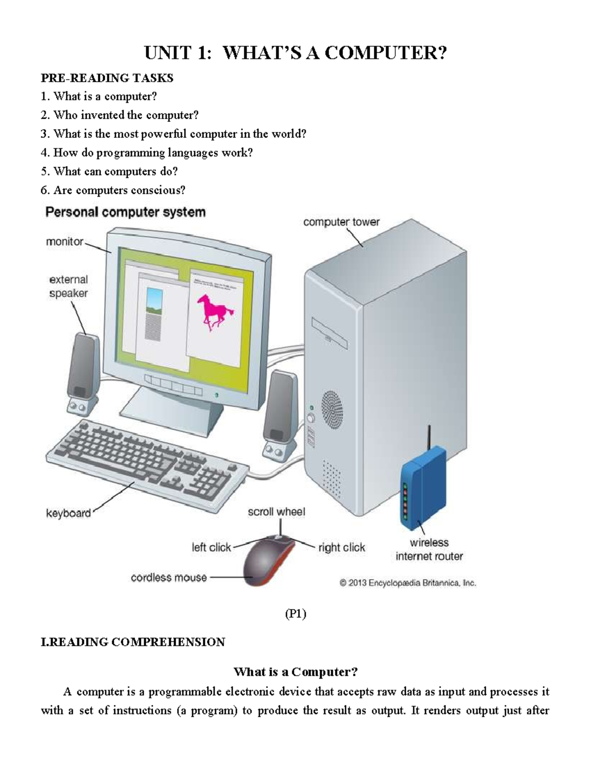 Tuần 1 - good - UNIT 1: WHAT’S A COMPUTER? PRE-READING TASKS What is a ...