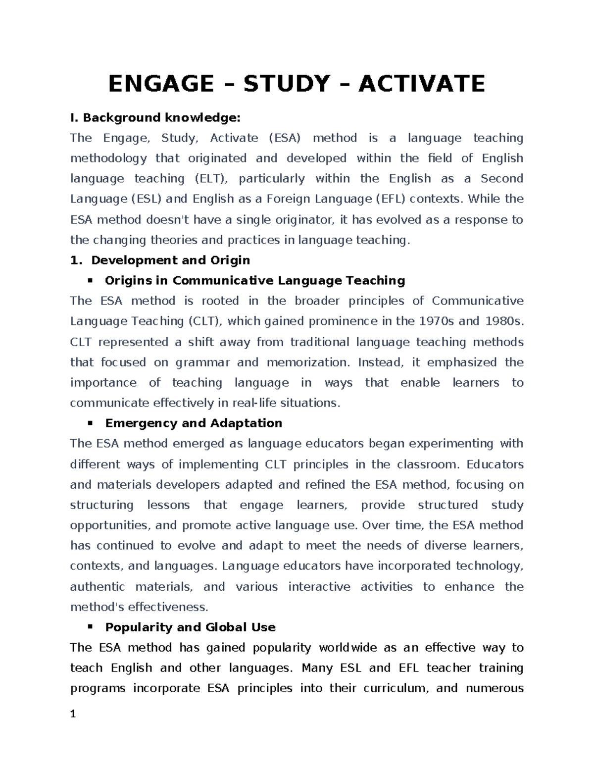 ESA Method - lí thuyết - ENGAGE – STUDY – ACTIVATE I. Background ...