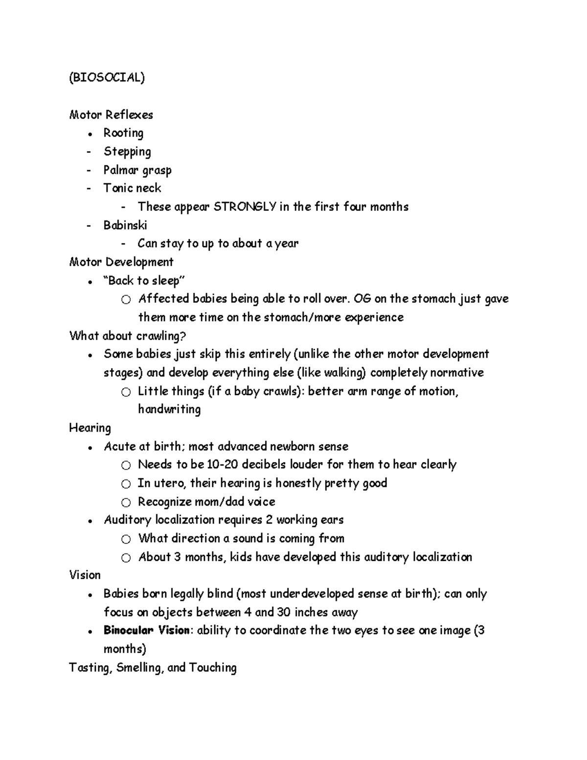 Biosocial - (BIOSOCIAL) Motor Reflexes Rooting - Stepping - Palmar ...