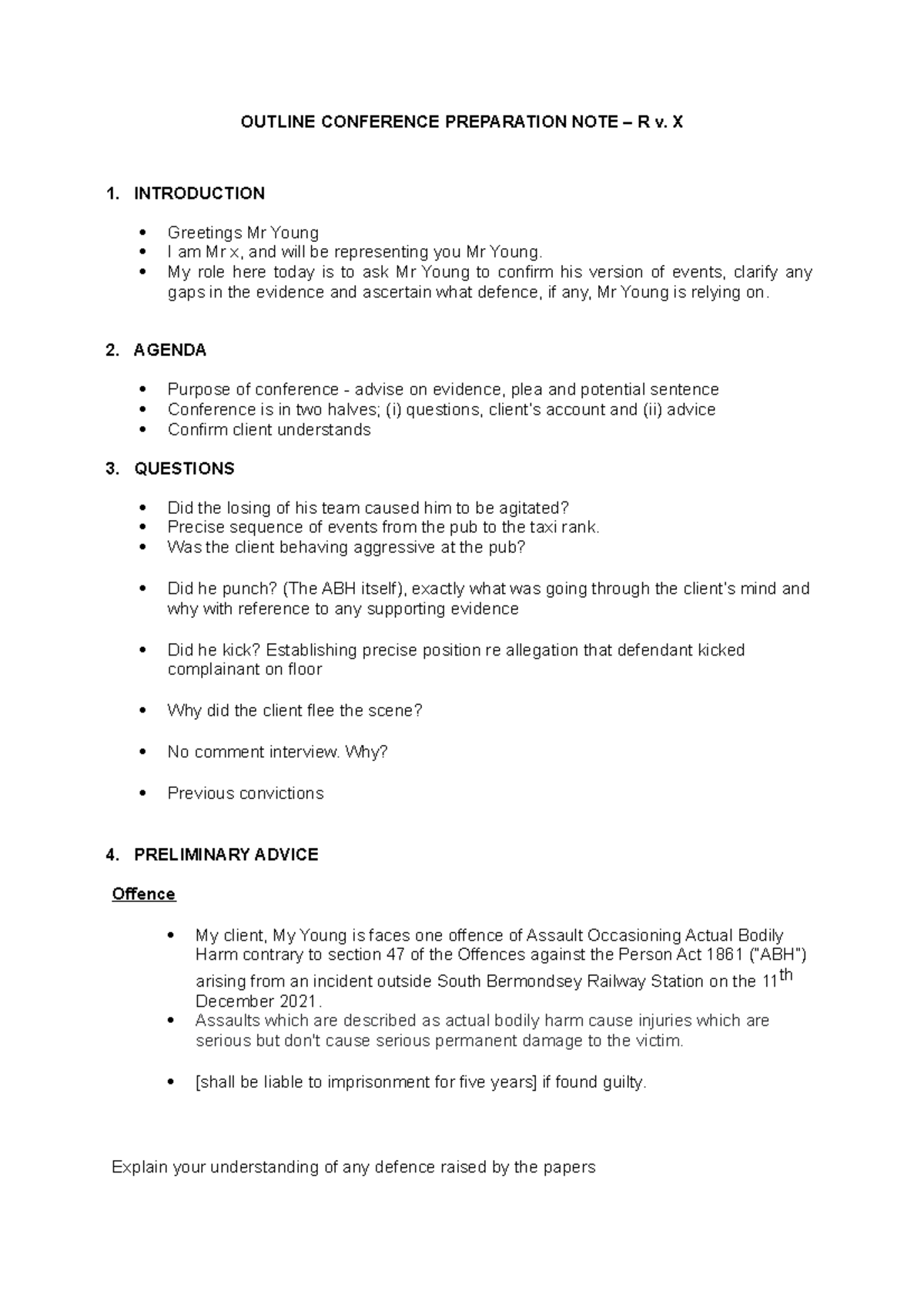 X Preparation Note WS 1&2 - OUTLINE CONFERENCE PREPARATION NOTE – R v ...