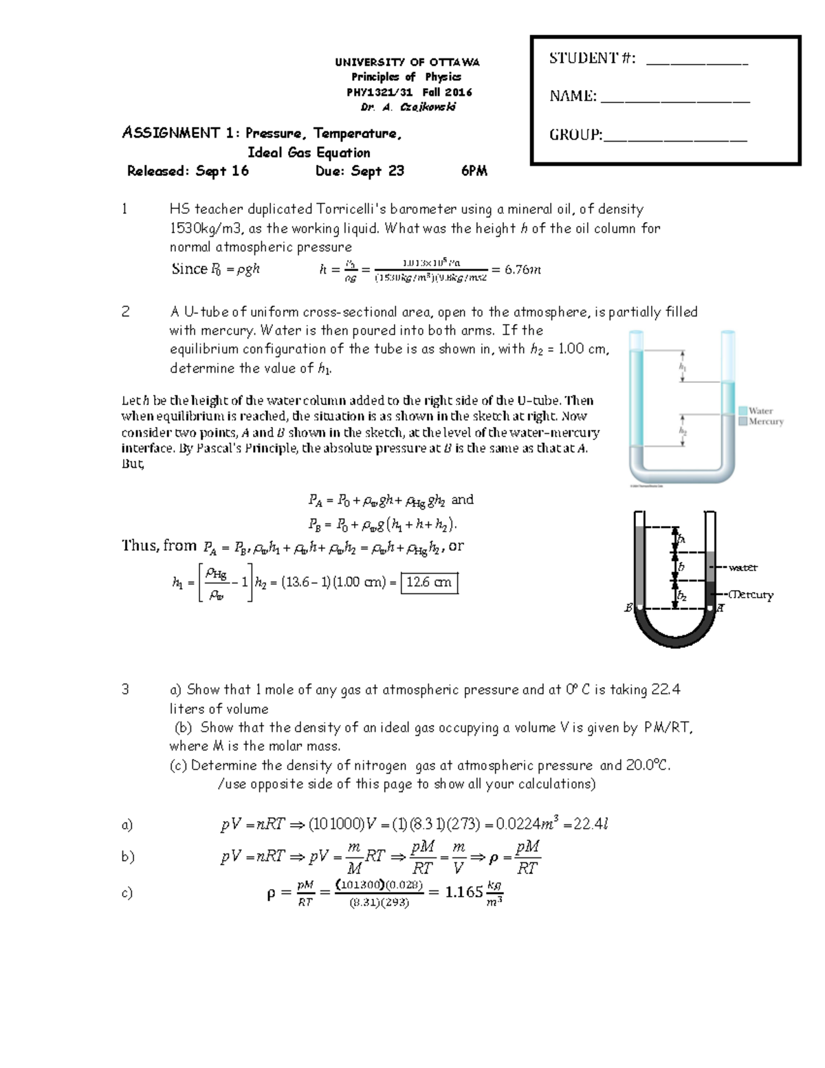 330958450 PHY1331 Assignment 1 Solutions pdf - ASSIGNMENT 1: Pressure, Temperature, Ideal Gas ...