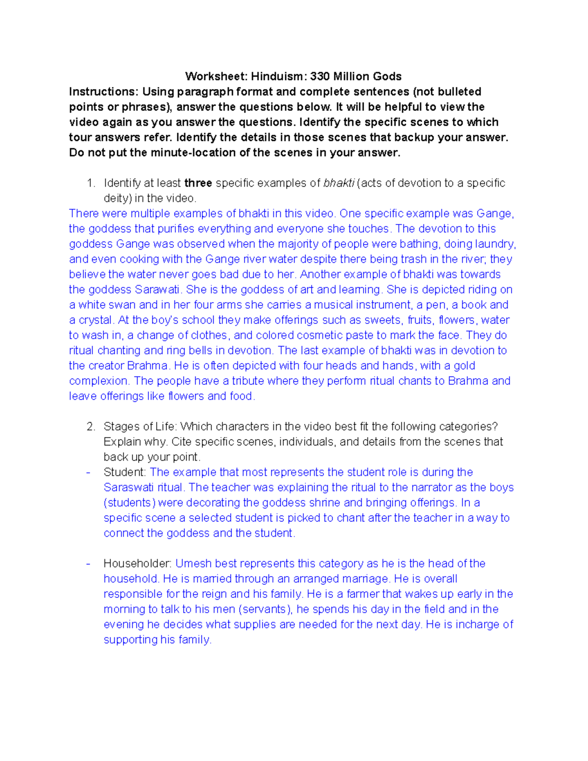 330 million gods - Worksheet: Hinduism: 330 Million Gods Instructions ...