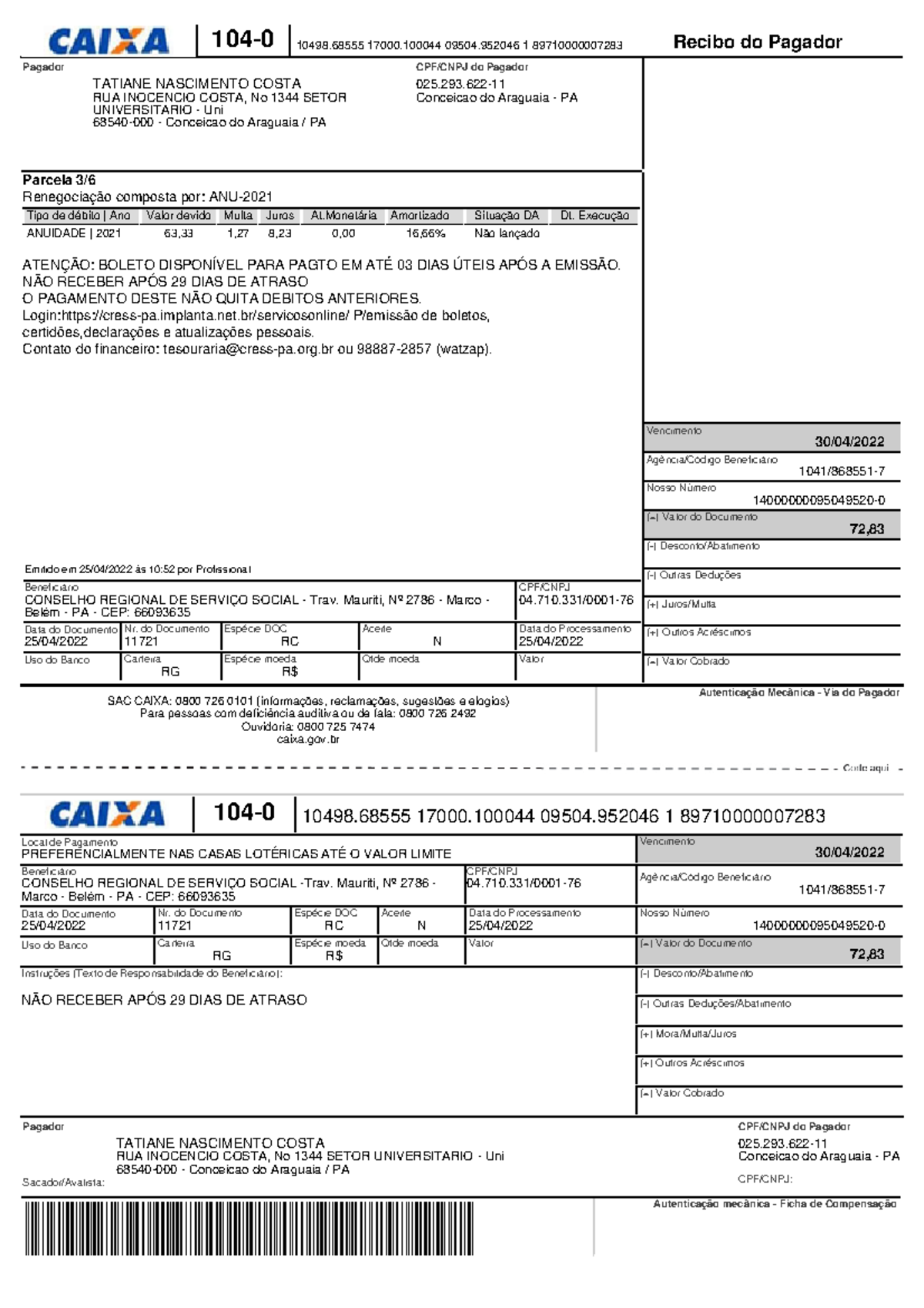 Boleto cress - CCCCX - 104-0 10498 17000 09504 1 89710000007283 Recibo ...