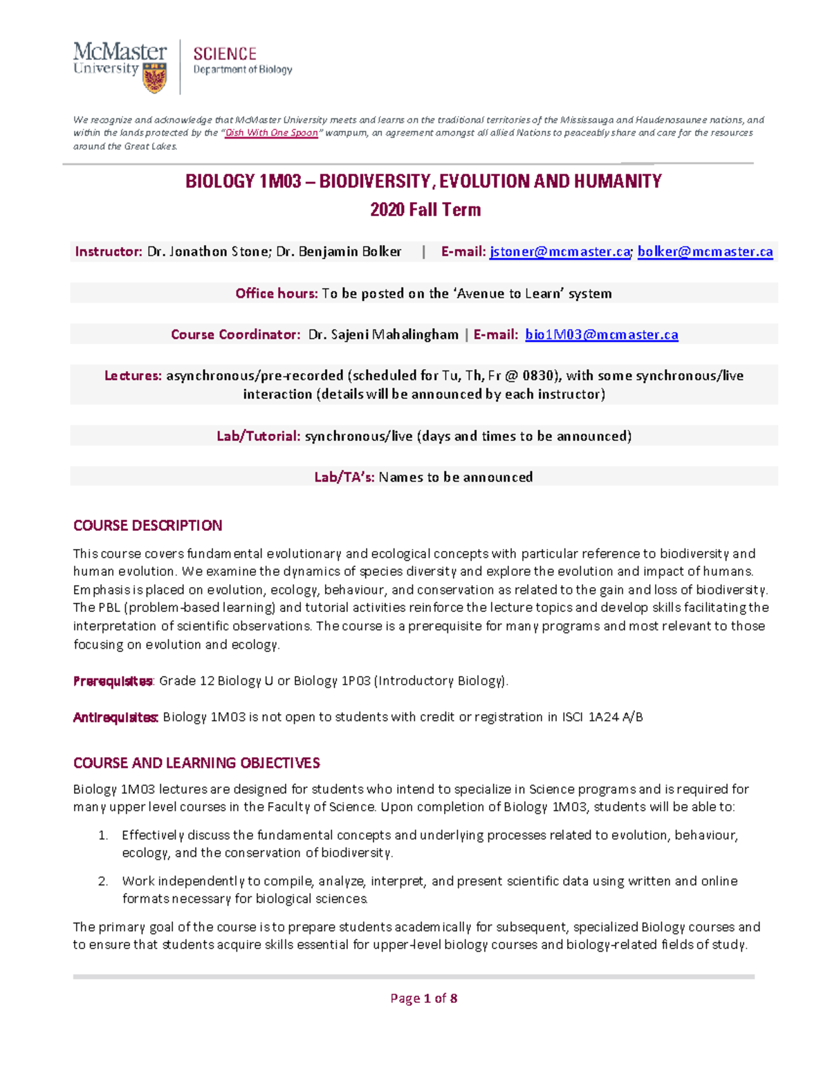 BIOL-1M03 - We recognize and acknowledge that McMaster University meets ...