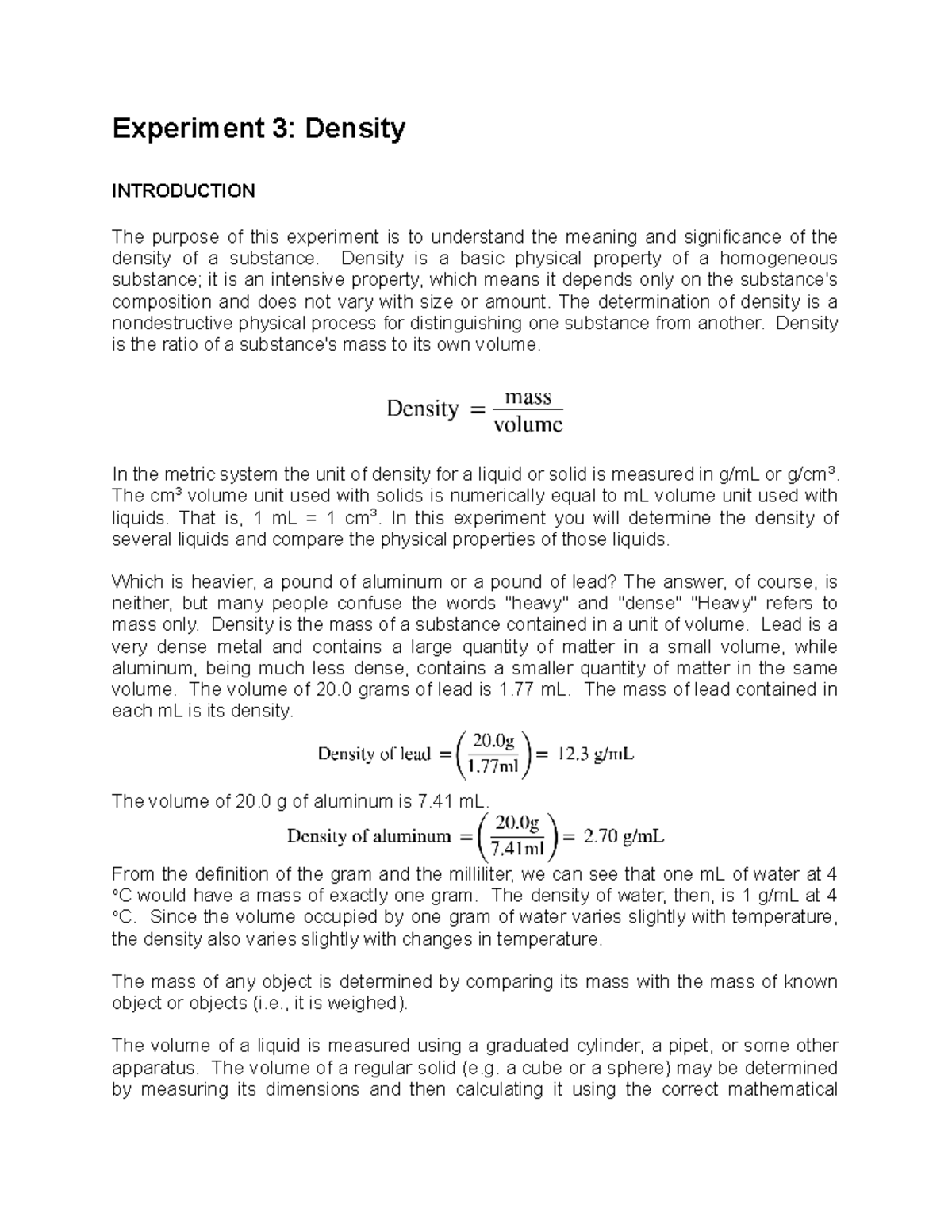 3 Density - lab notes - Experiment 3: Density INTRODUCTION The purpose ...