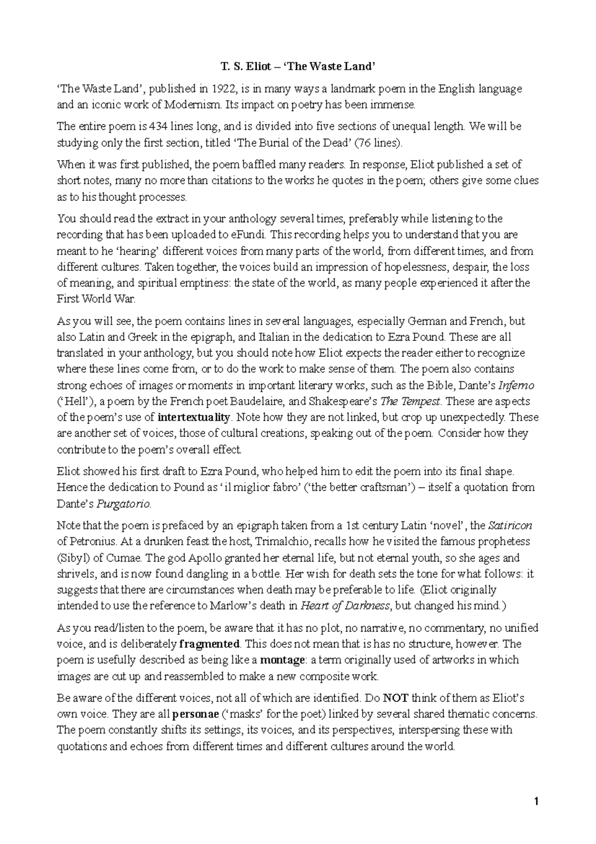 The Waste Land – analysis - T. S. Eliot – ‘The Waste Land’ ‘The Waste ...