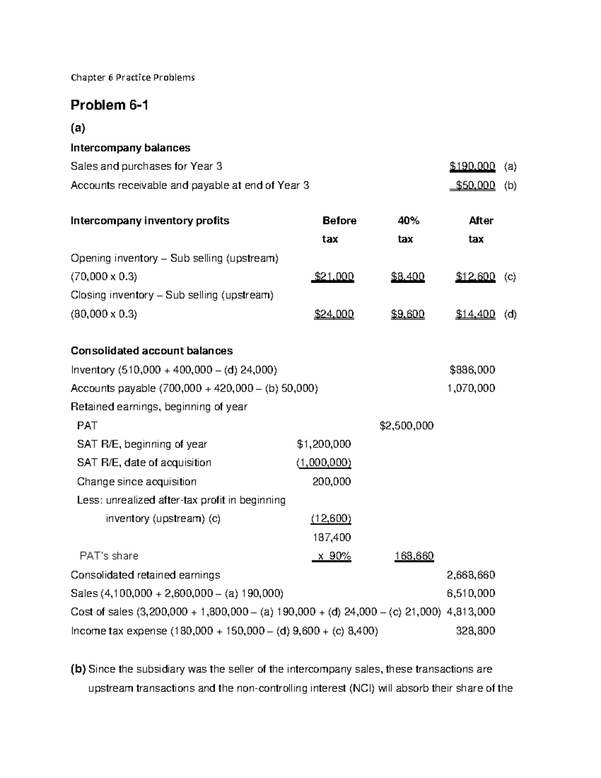 Chapter 6 Practice Problems - Chapter 6 Practice Problems Problem 6-1 (a) Intercompany balances ...