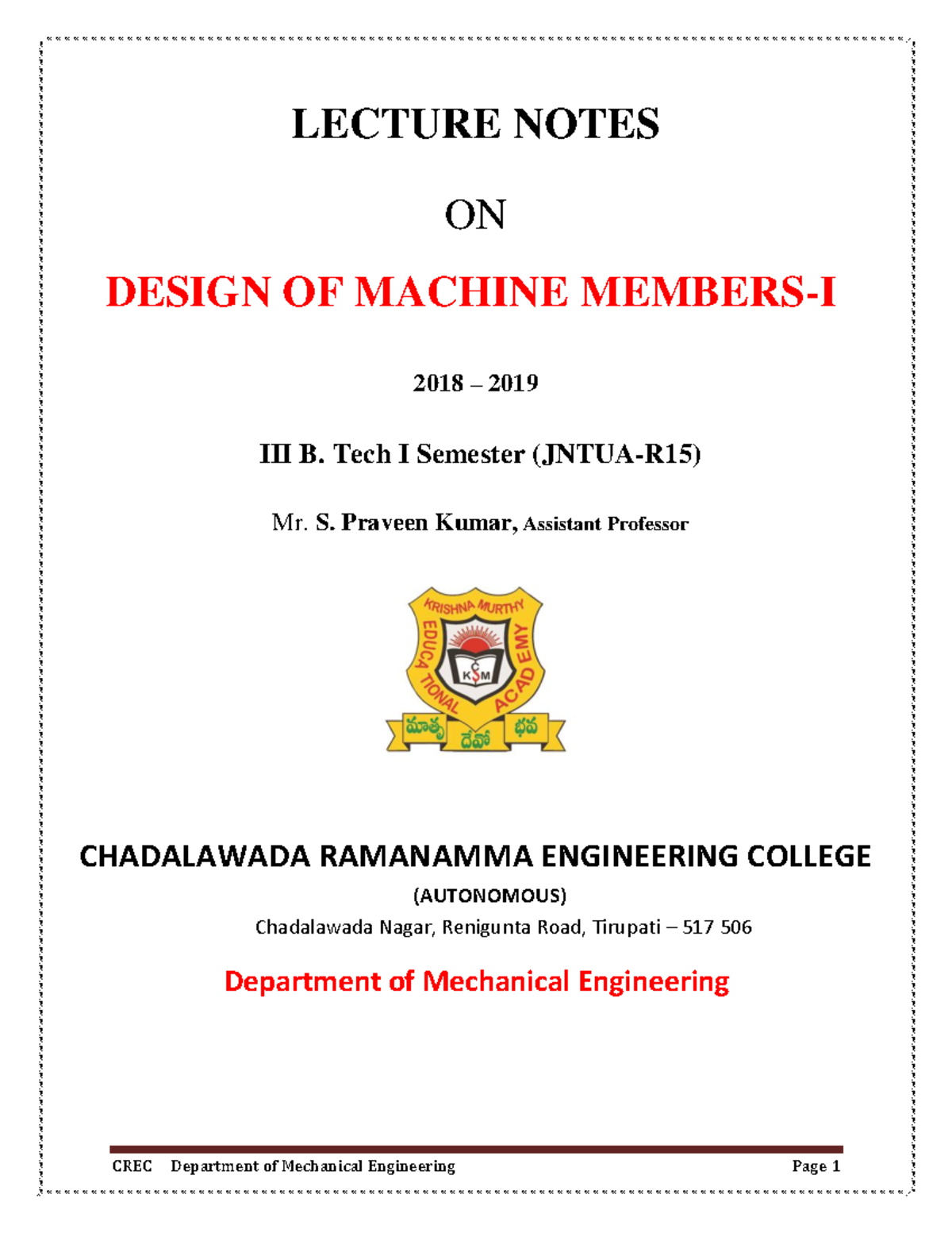 DMM - LECTURE NOTES ON DESIGN OF MACHINE MEMBERS-I ####### 2018 – 2019 ...