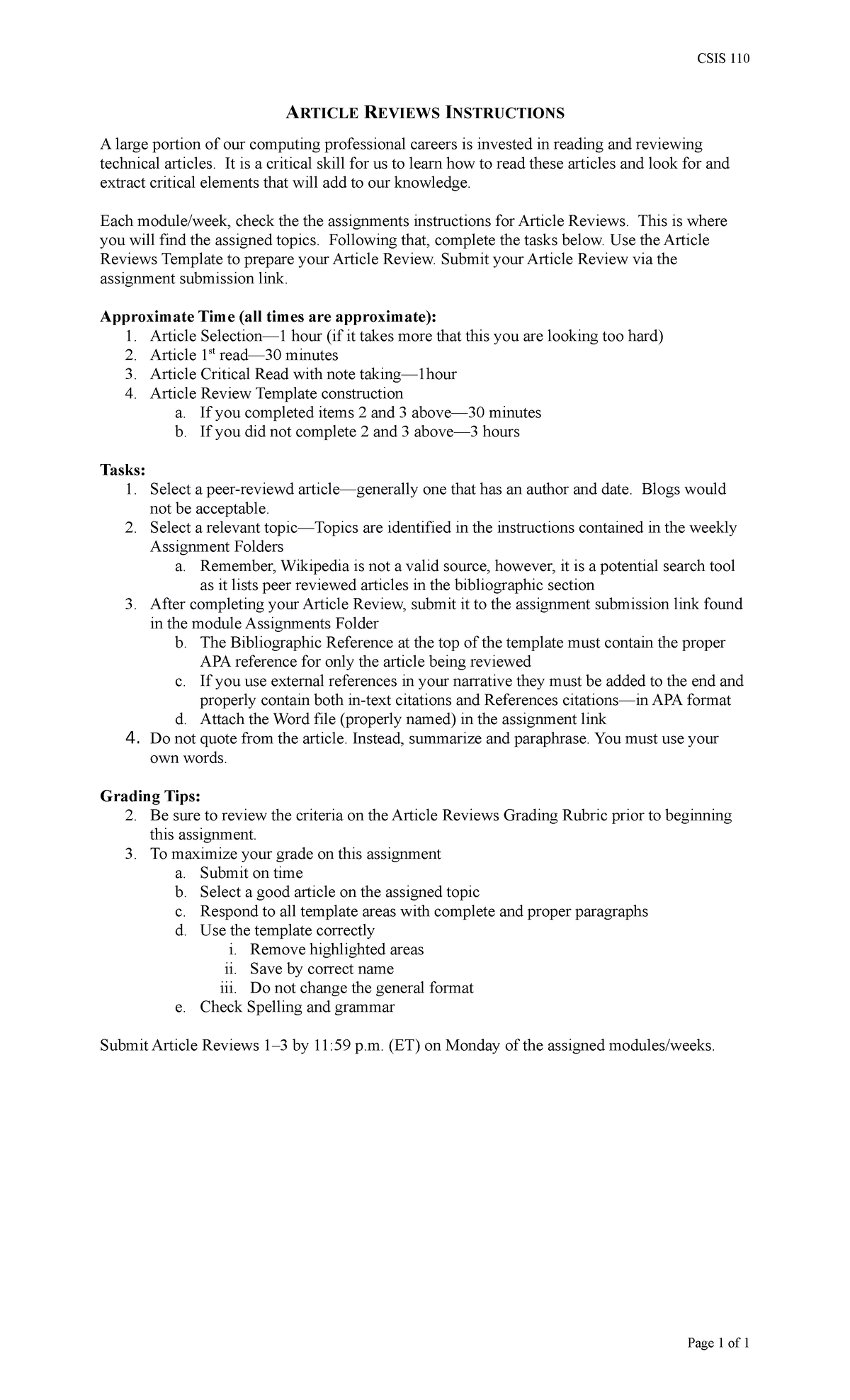 Article Reviews Instructions 19D2 - CSIS 110 ARTICLE REVIEWS ...