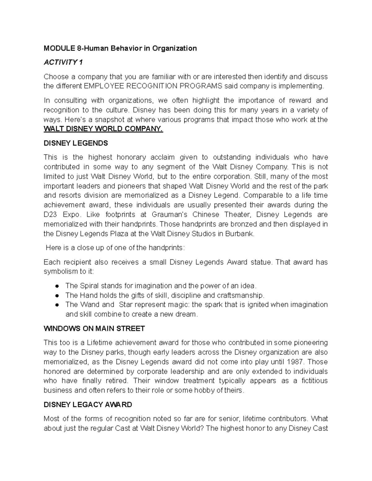 HBO-WALT Disney World Company Employee Recognition Programs - MODULE 8 ...