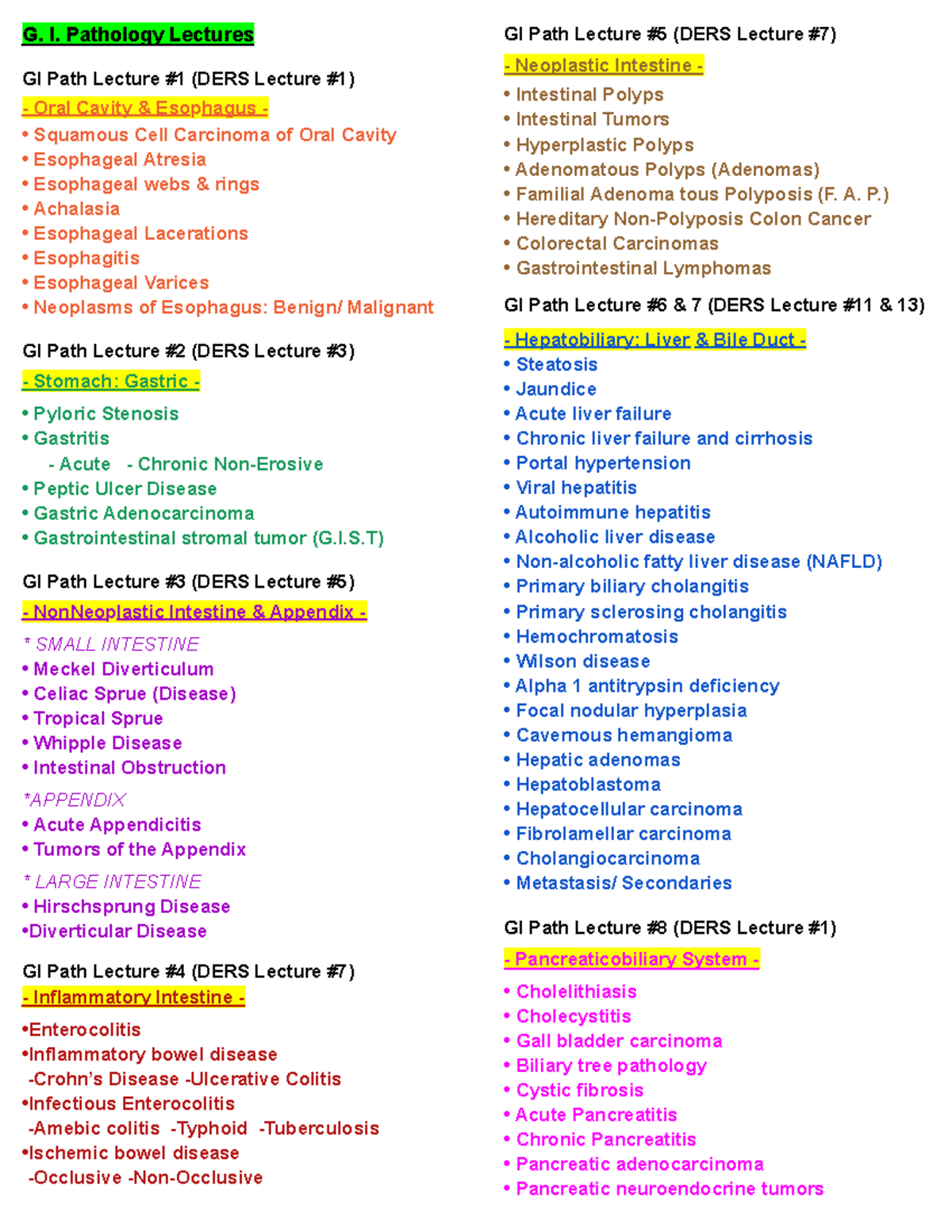 GI Path one page outline - G. I. Pathology Lectures Gl Path Lecture #1 ...