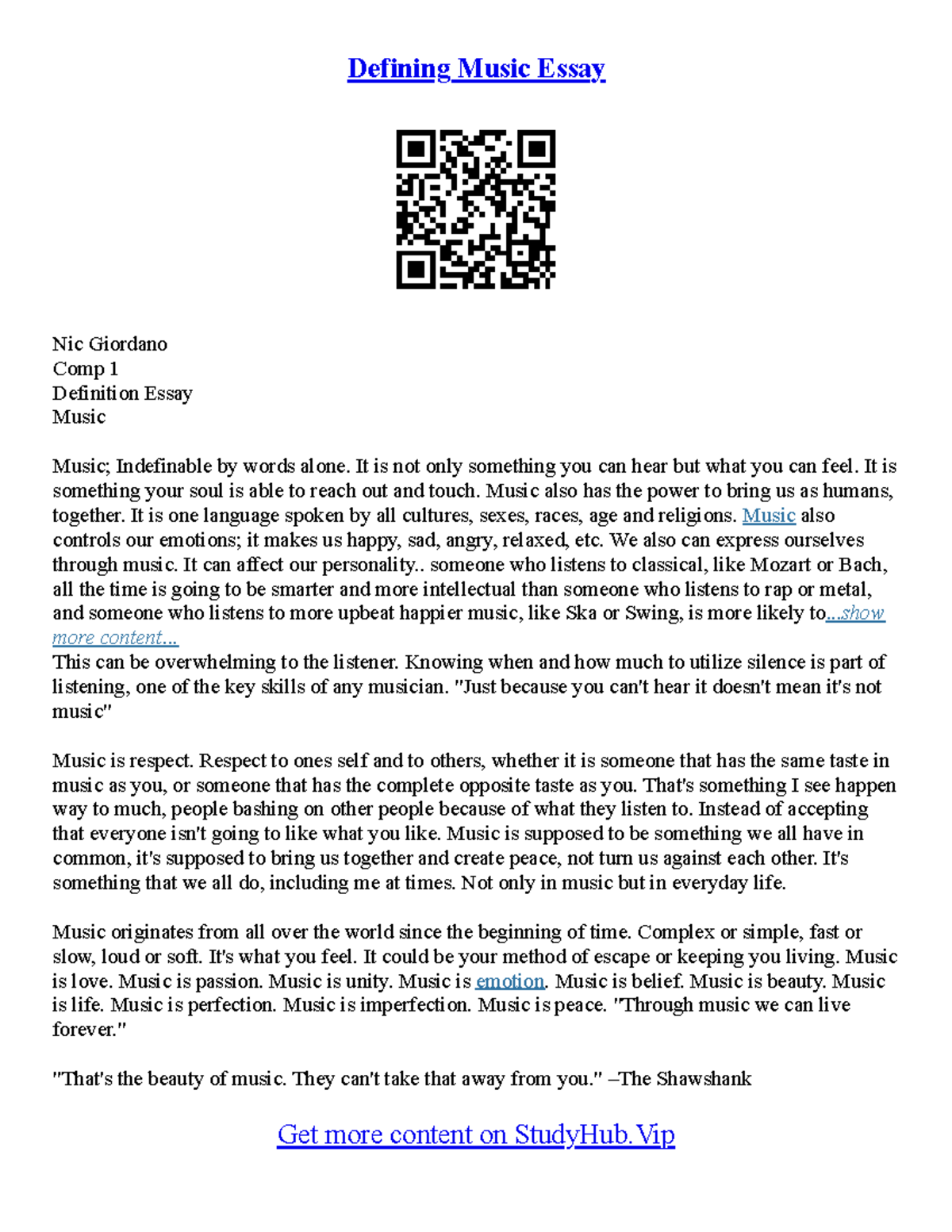 Essay Writing Music - Defining Music Essay Nic Giordano Comp 1 ...