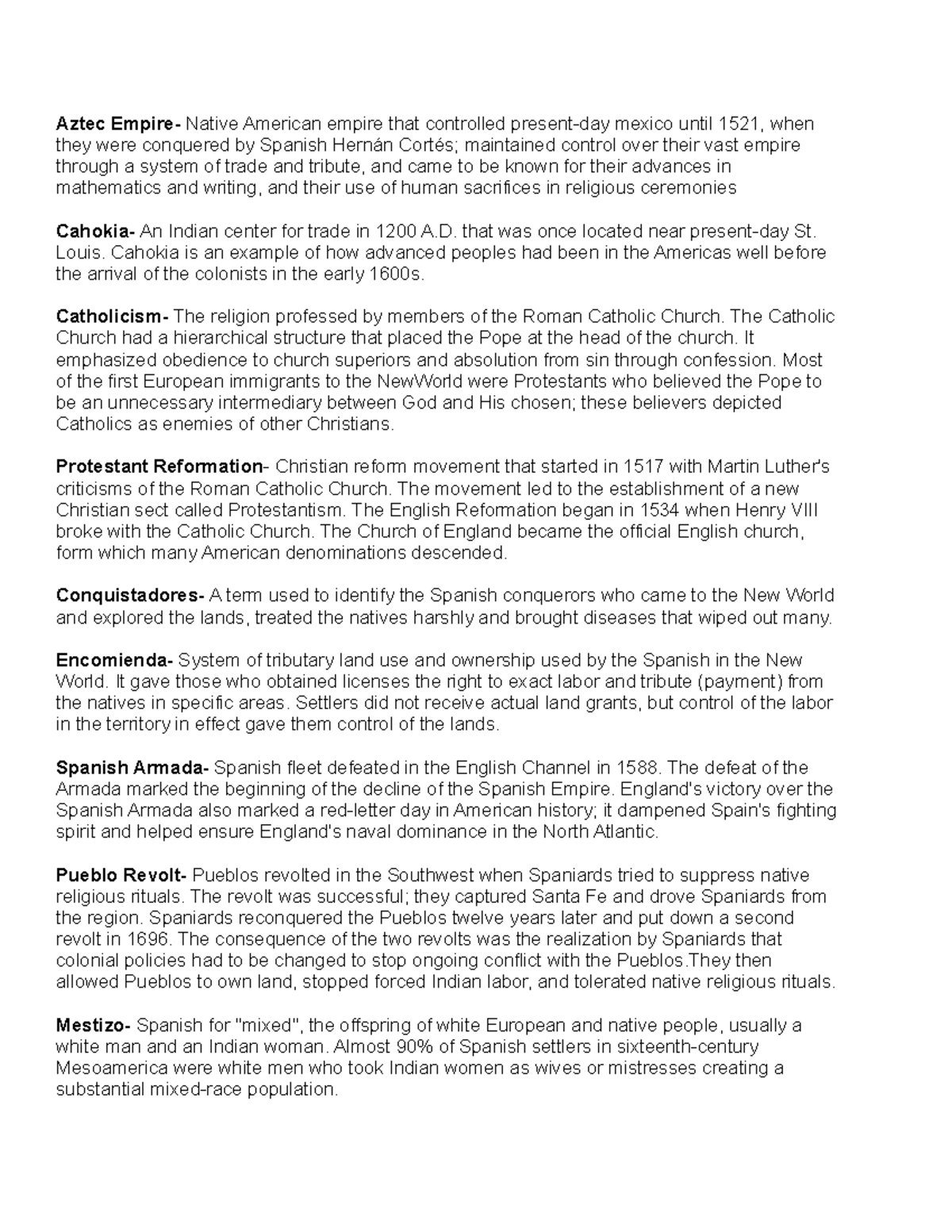 Apush unit 1 vocabs - Aztec Empire- Native American empire that ...