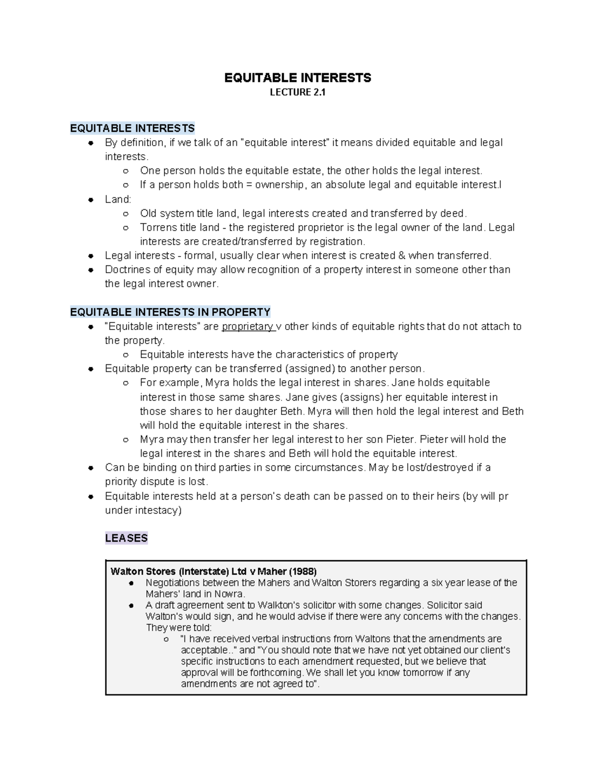Week 2 - Equitable Interests, Constructive Trusts - EQUITABLE INTERESTS LECTURE 2. EQUITABLE ...
