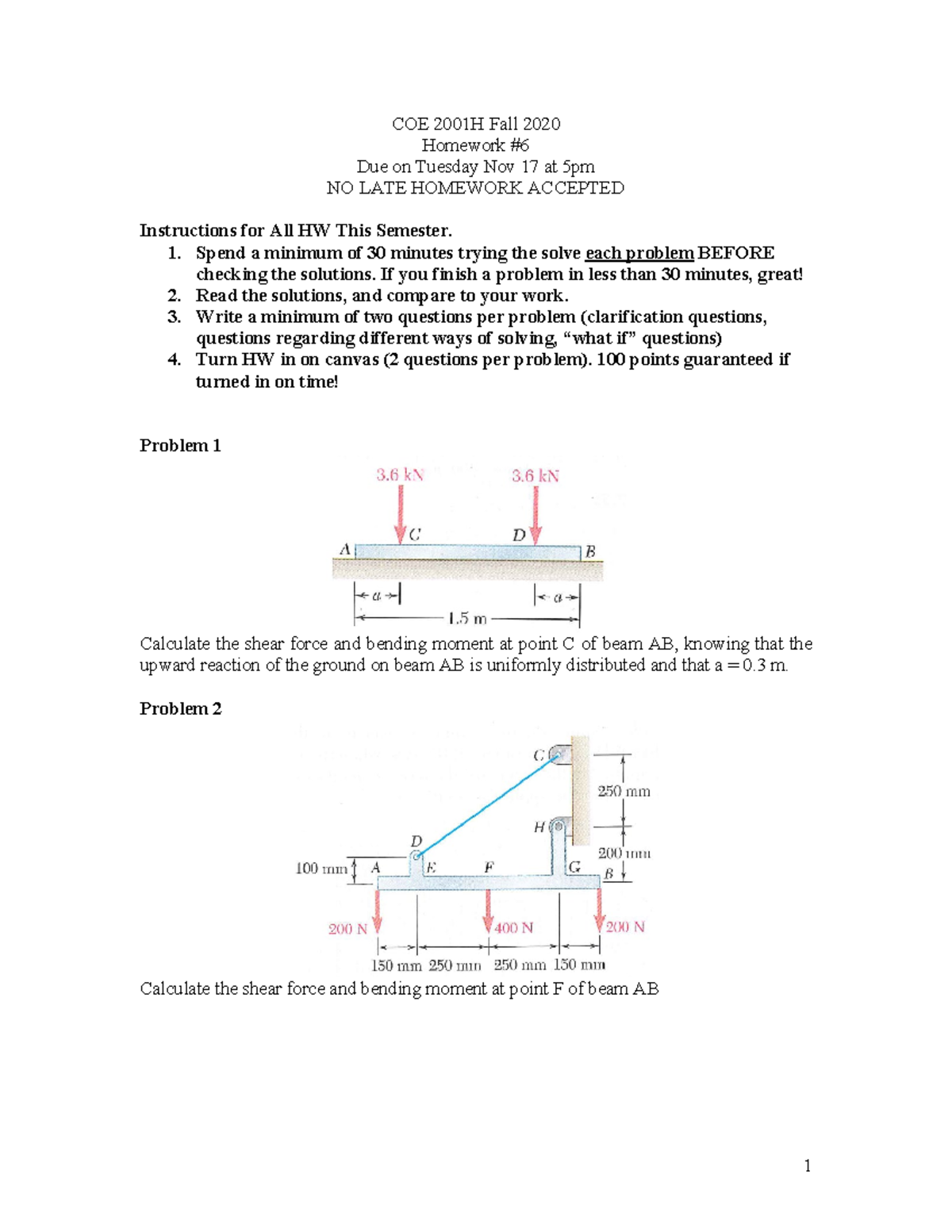 HW#6 - Homework Problems - COE 2001H Fall 2020 Homework # Due on ...