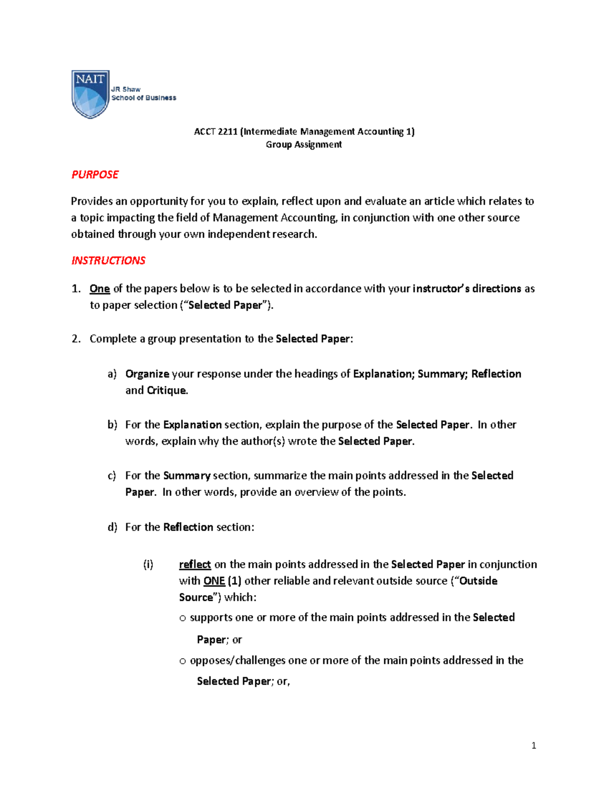 Group Presentation - Instructions - ACCT 2211 (Intermediate Management ...