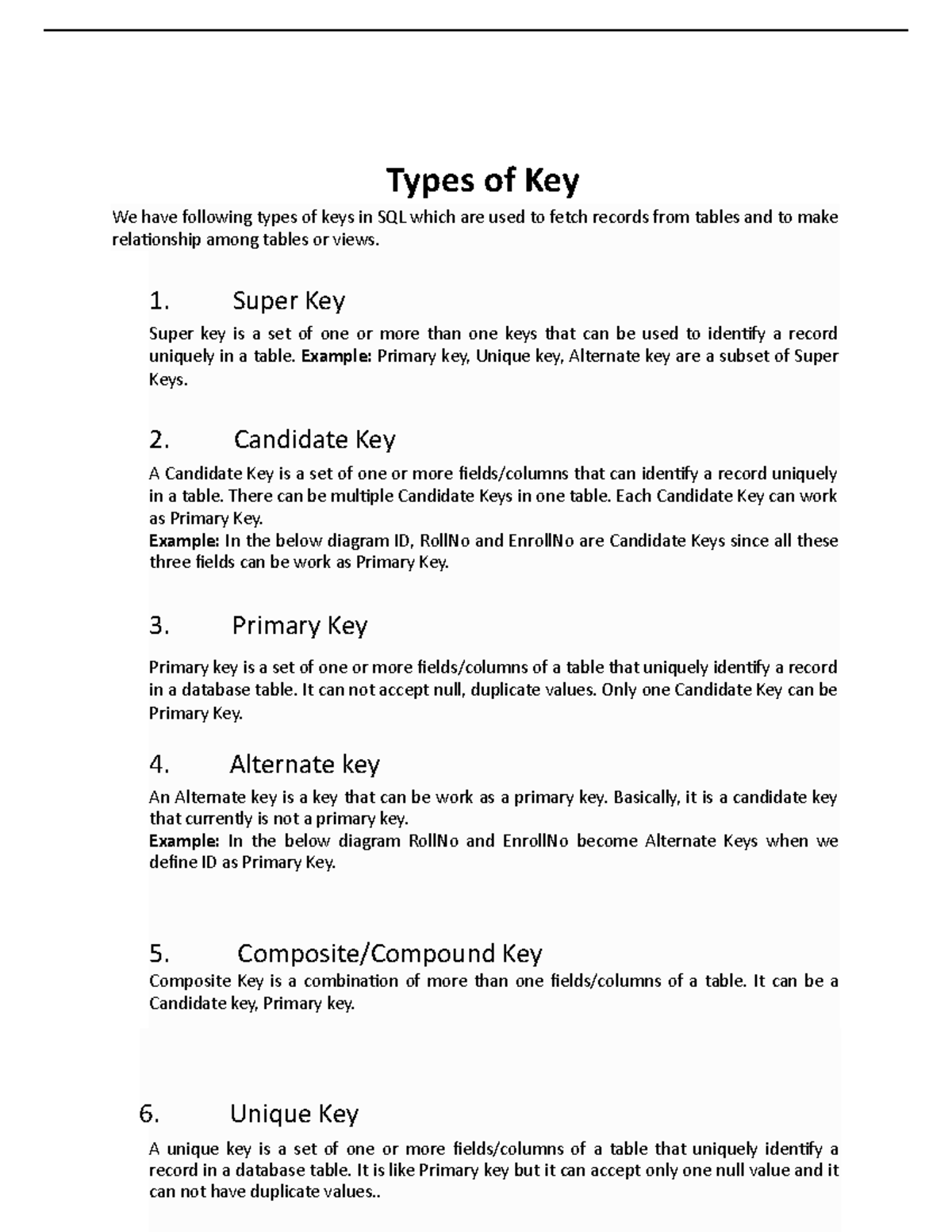 Tpyes of Key - Lecture Notes - Types of Key We have following types of ...
