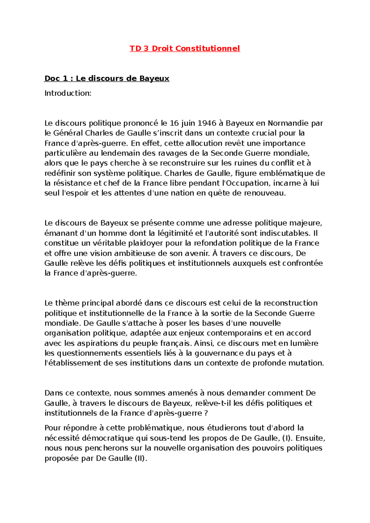 TD3 - TD 3 Droit Constitutionnel Doc 1 : Le discours de Bayeux ...