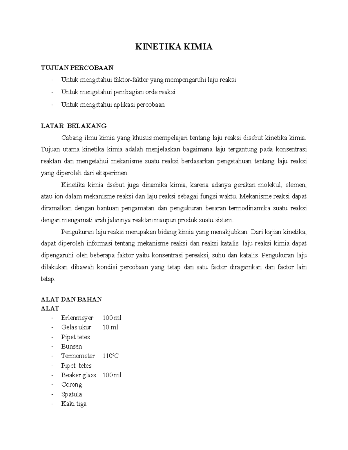 Praktikum Kimia Dasar Kinetika Kimia - KINETIKA KIMIA TUJUAN PERCOBAAN ...