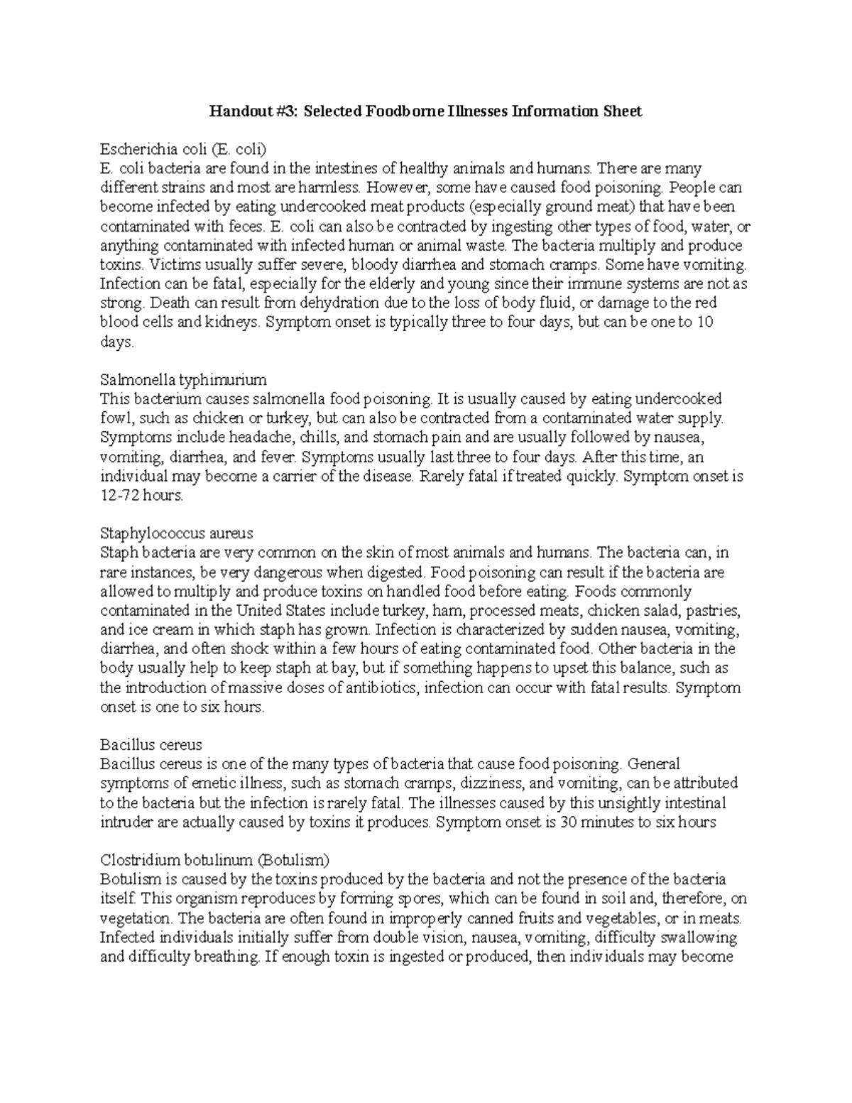 HLTH 322 Foodborne Illness Case Study Handout 3 - Handout #3: Selected ...