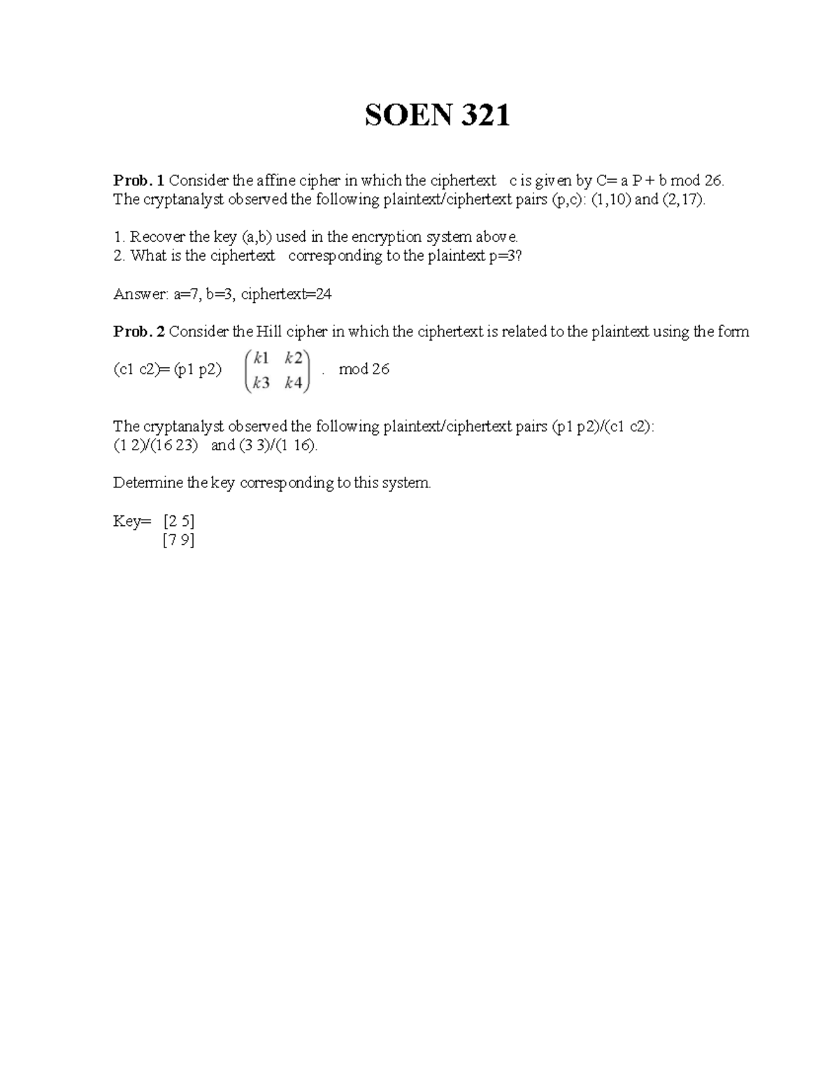 Exercise 1 - with-sol - SOEN 321 Prob. 1 Consider the affine cipher in ...