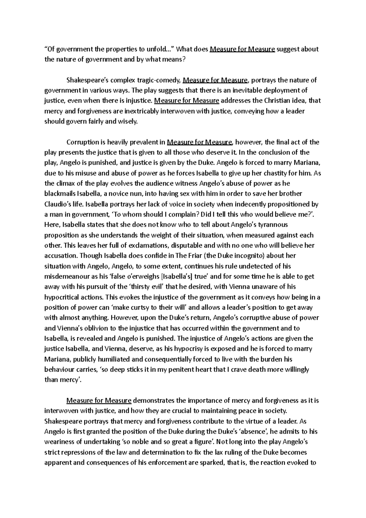 Measure for Measure- Nature of Government. - “Of government the ...