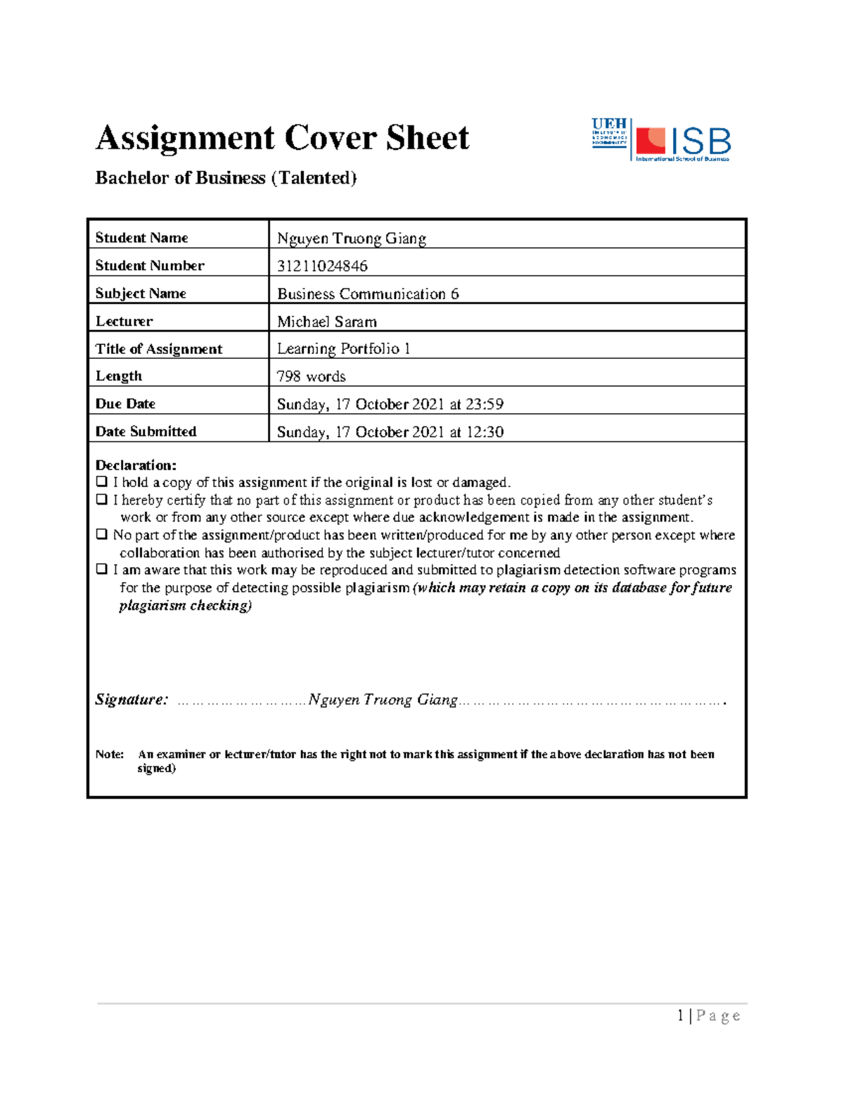 business communication learning portfolio 1 - Assignment Cover Sheet ...