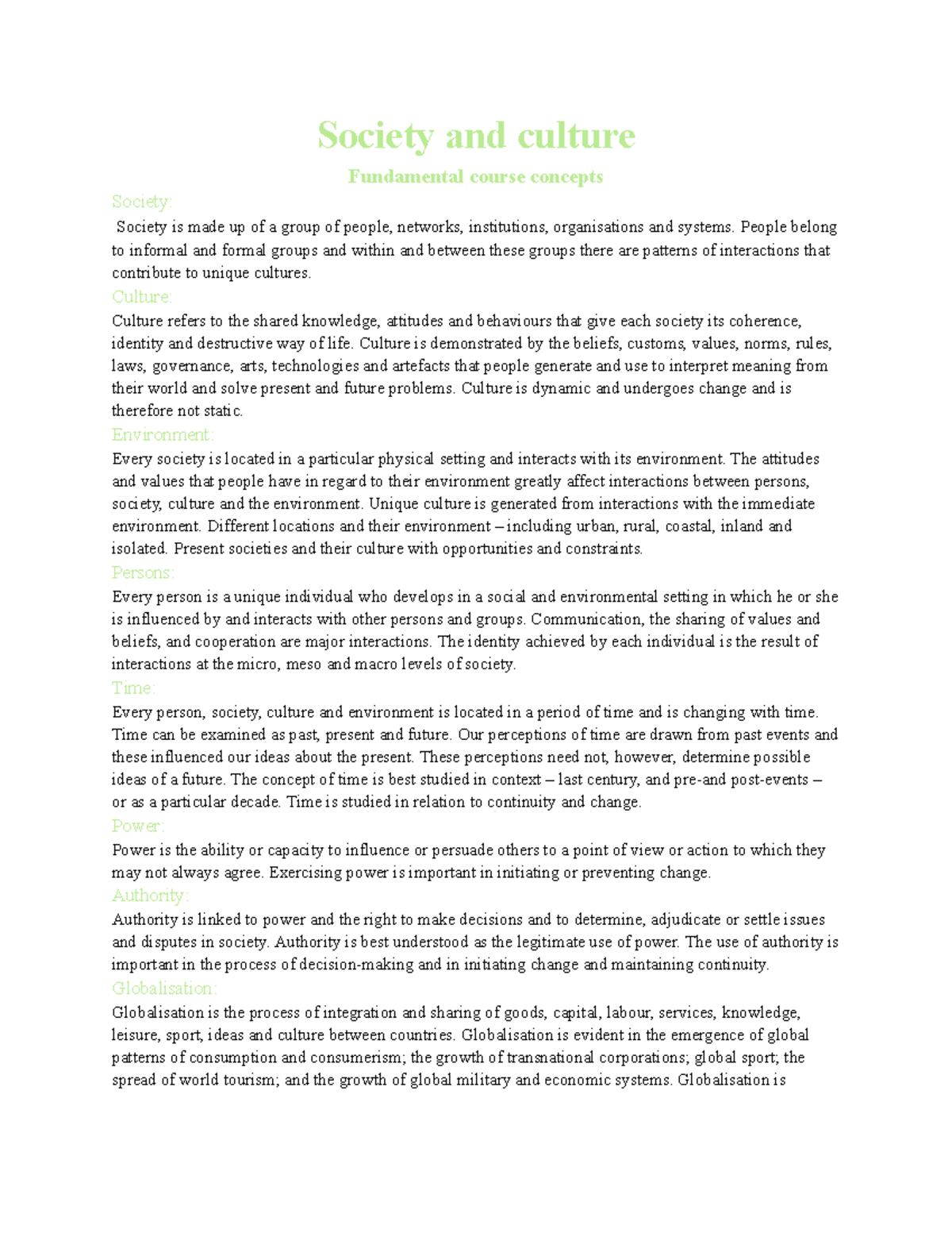 Society and culture notes - Society and culture Fundamental course ...