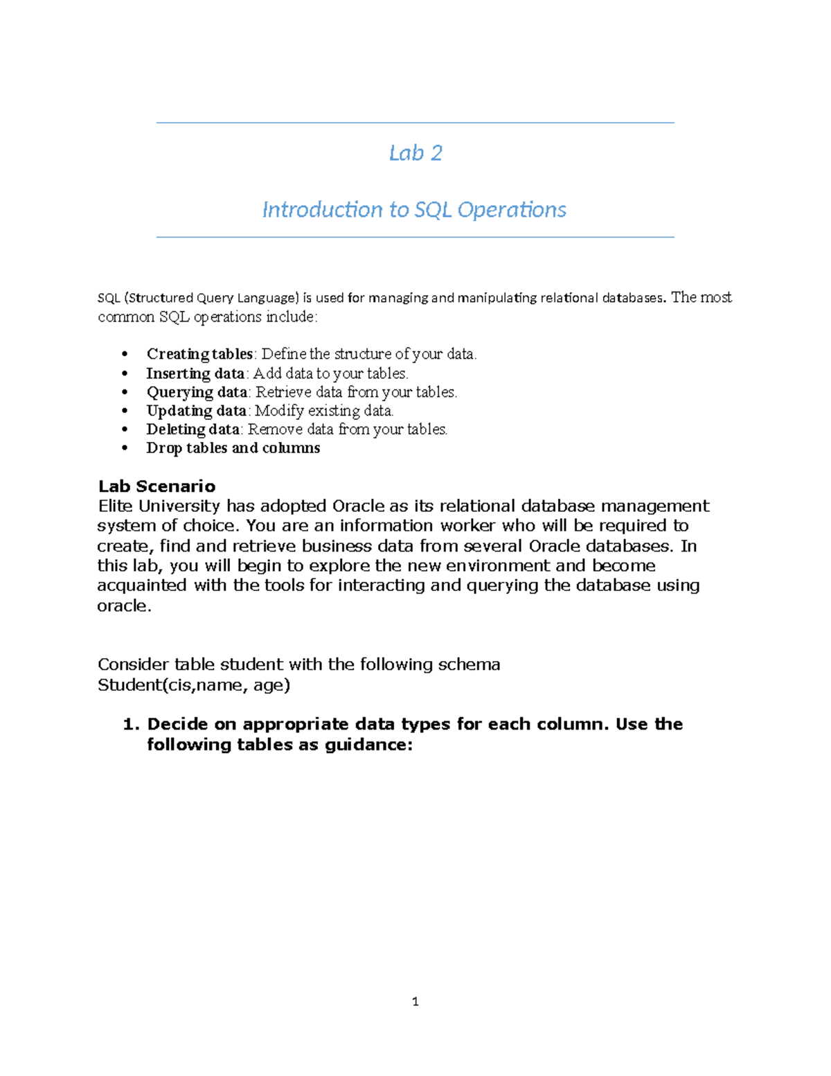 Lab 2 Sql Operations Ddd Lab 2 Introduction To Sql Operations Sql Structured Query