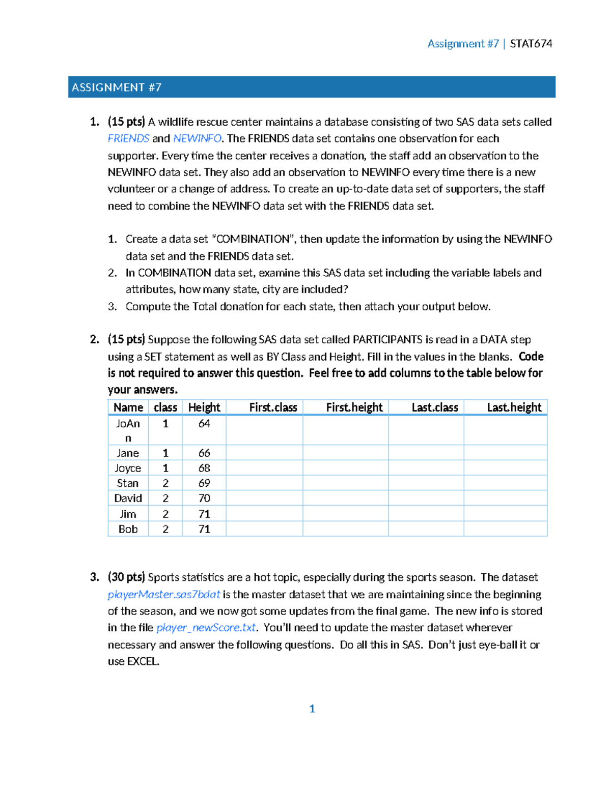 M7 Assignment - Assignment #7 | STAT ASSIGNMENT # (15 pts) A wildlife rescue center maintains a ...